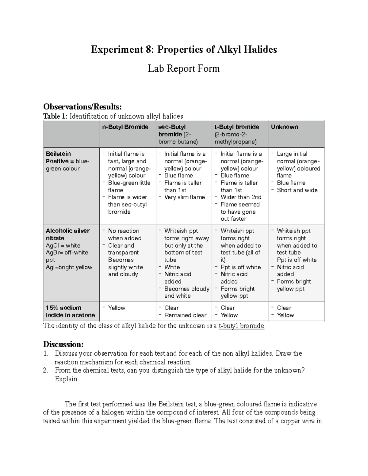 Orgo lab 8copy - CHMI-2427 lab - Experiment 8: Properties of Alkyl ...