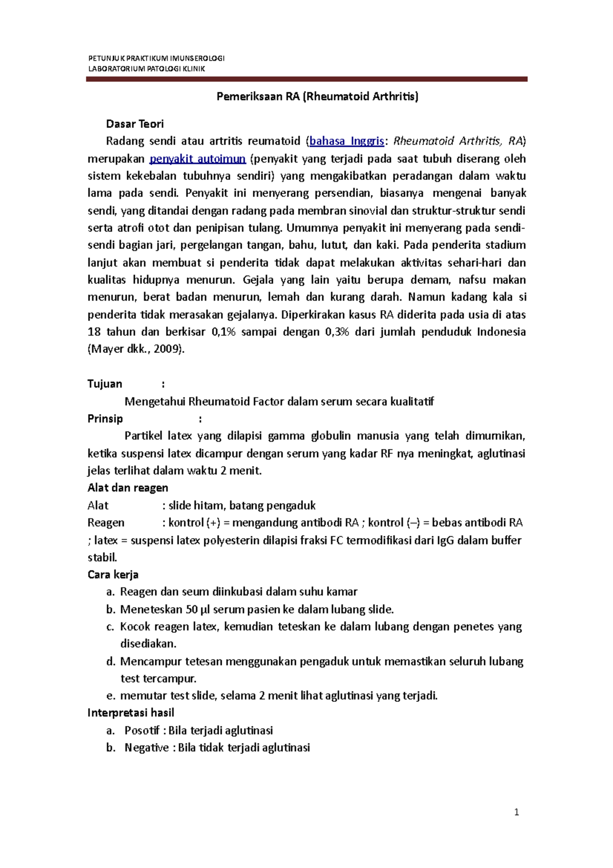 Modul Praktikum Imunologi Serologi Pemeriksaan RA (Rheumatoid Arthritis ...