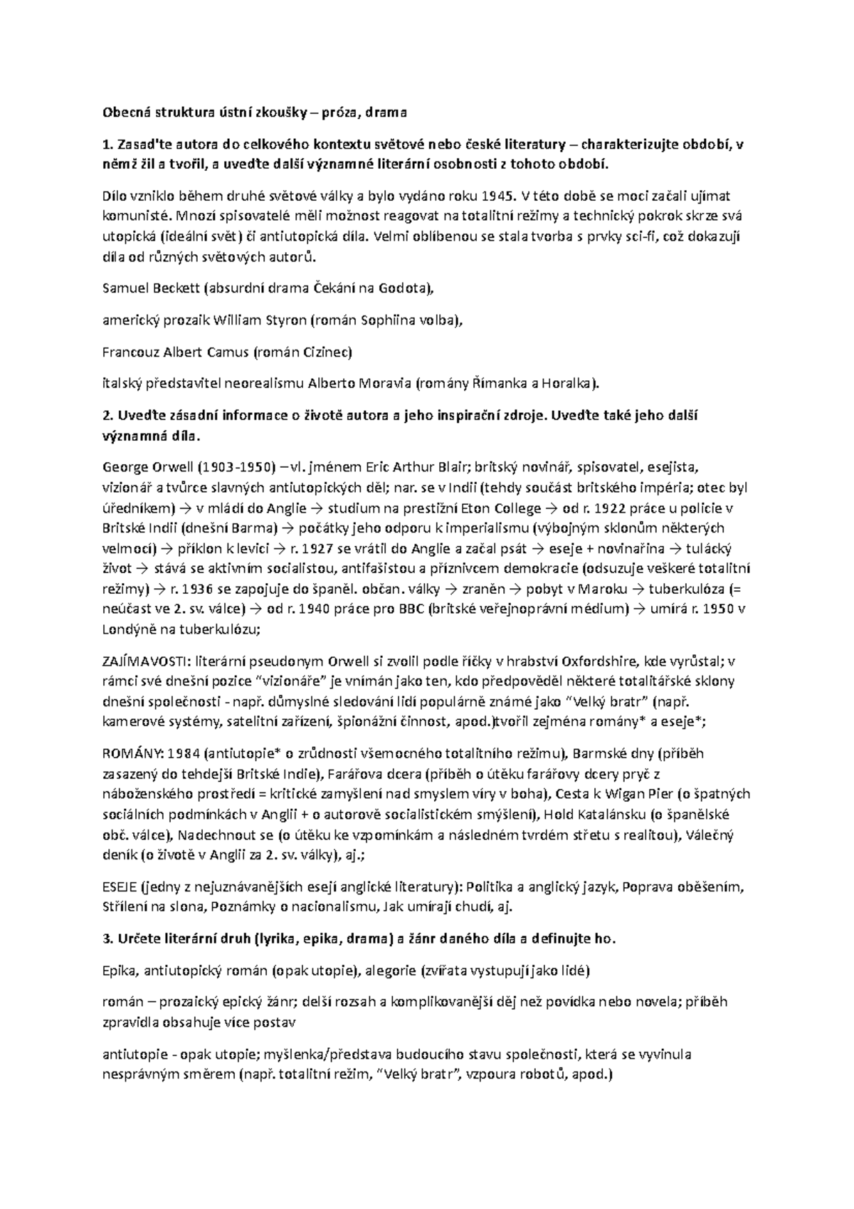 Orwel - Farma Zvířat - maturita - Obecná struktura ústní zkoušky ...