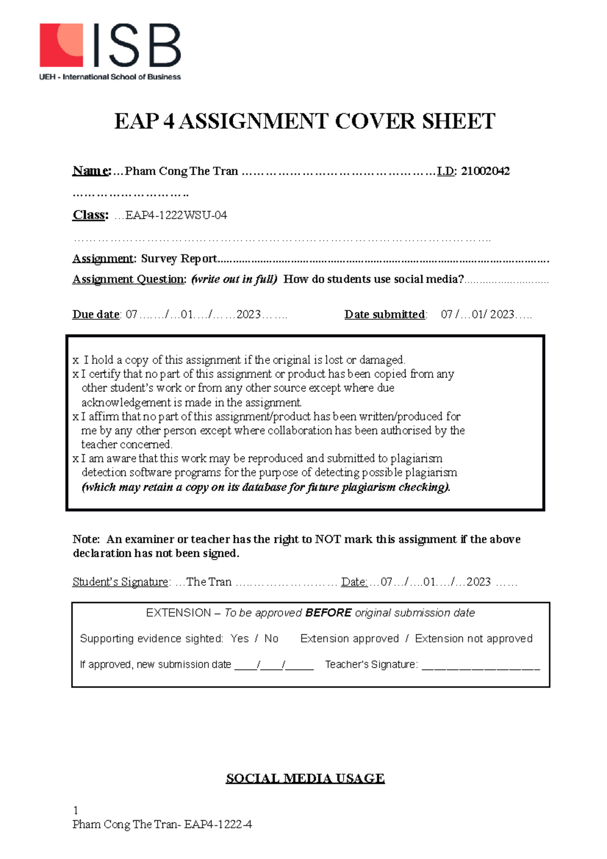 EAP-1222-4 Survey Report - EAP 4 ASSIGNMENT COVER SHEET Name:.. Cong The Tran - Studocu