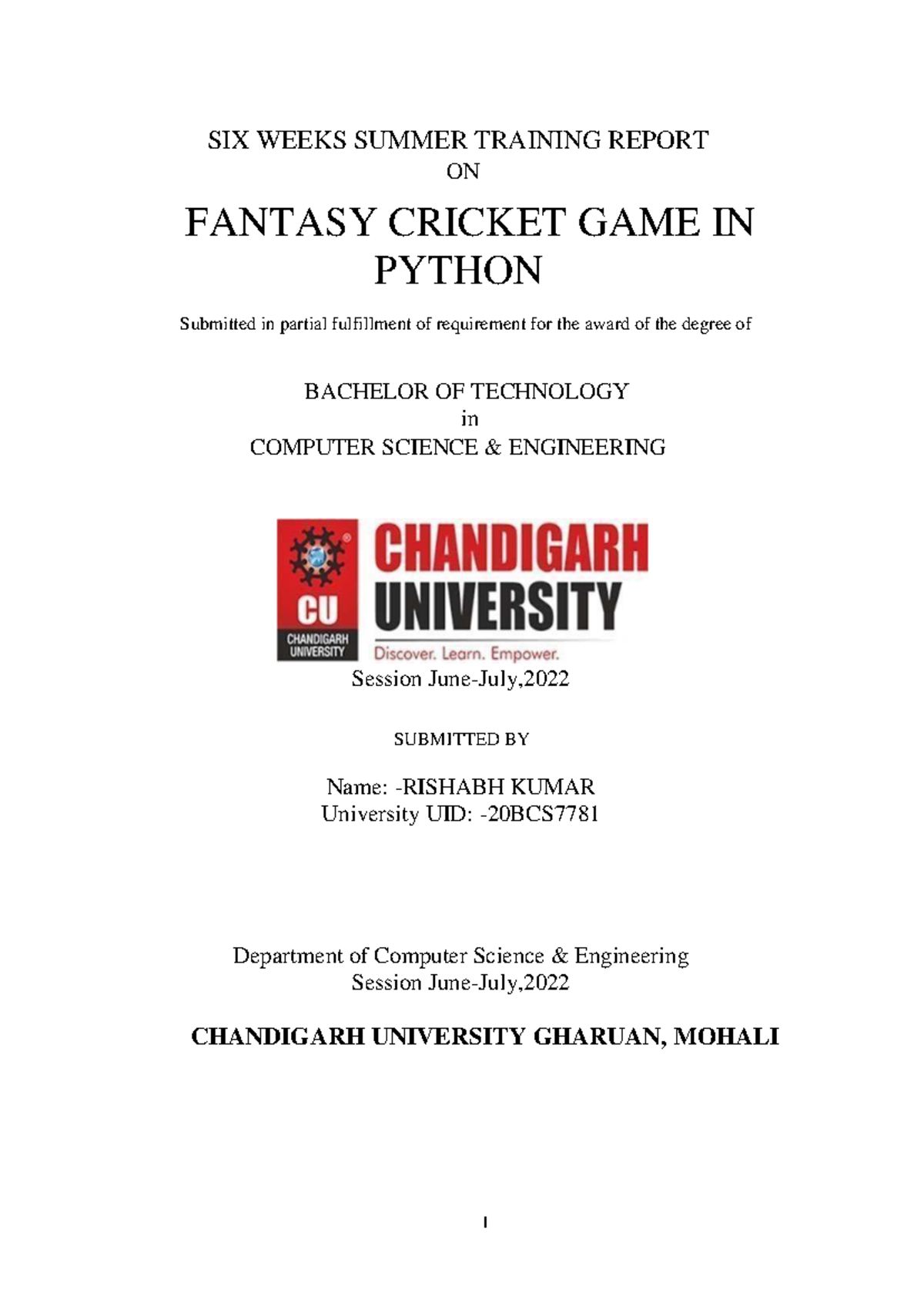 20BCS7781 python intershala project - SIX WEEKS SUMMER TRAINING REPORT ON FANTASY CRICKET GAME ...