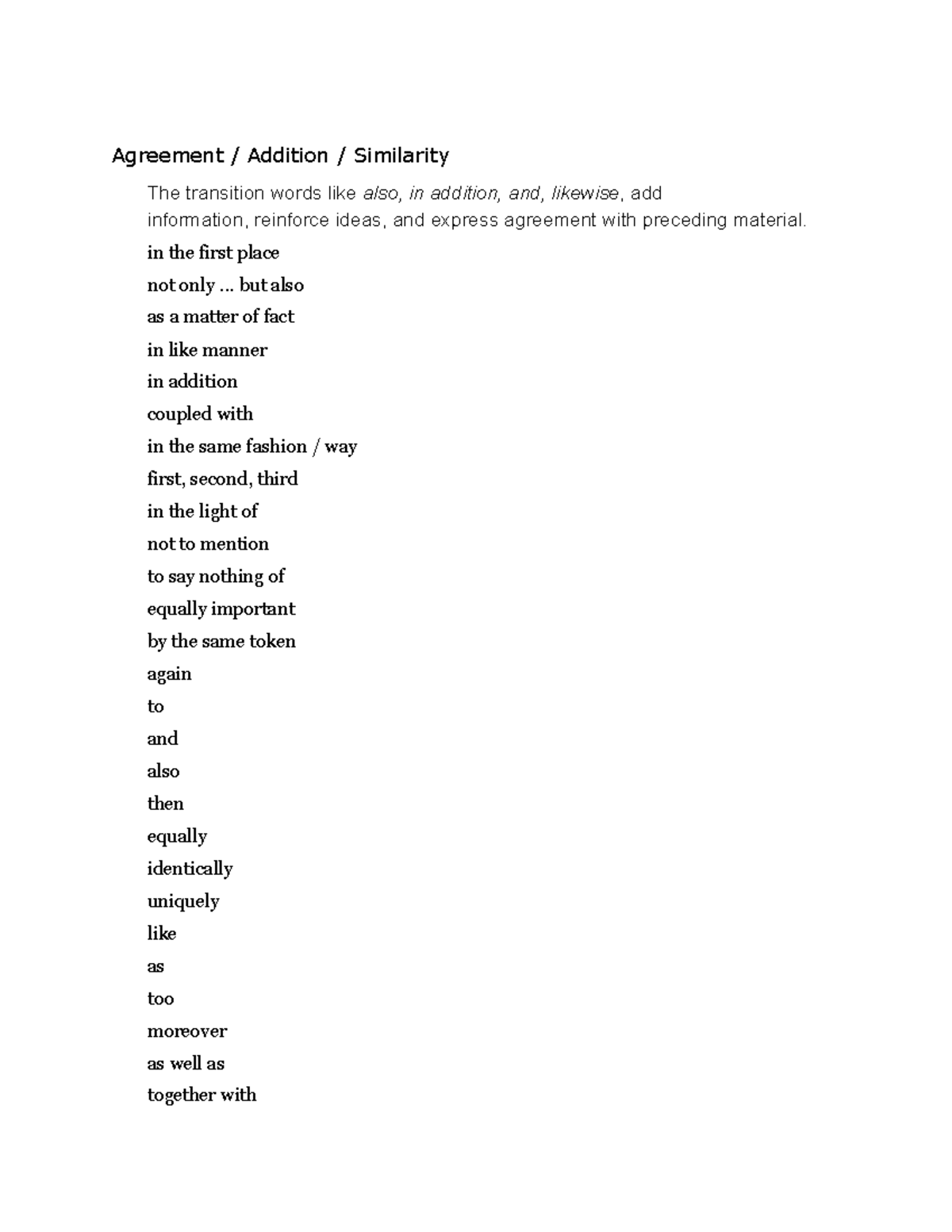 List of transition words - Agreement / Addition / Similarity The ...