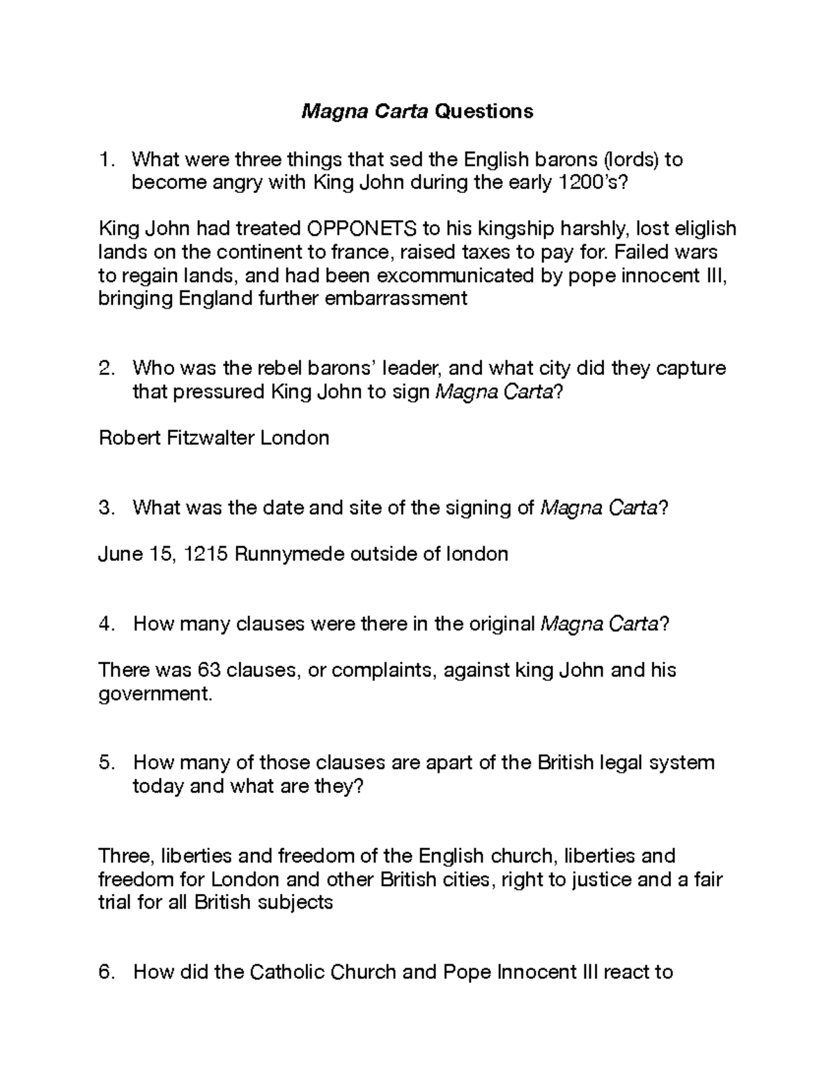 Magna Carta Questions-1 - Magna Carta Questions What were three things ...