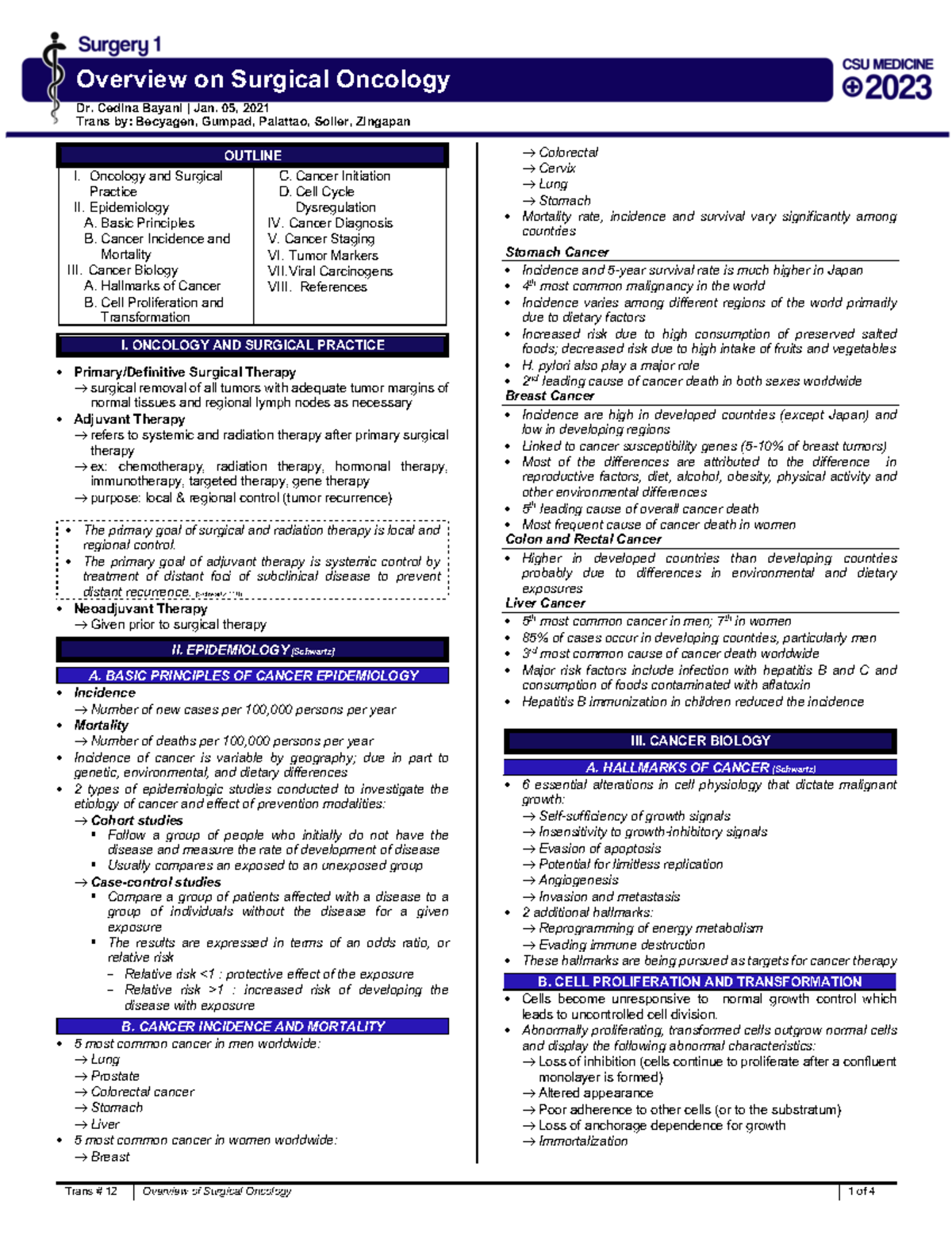 2023.Surgery - Notes and Modules - OUTLINE I. Oncology and Surgical ...
