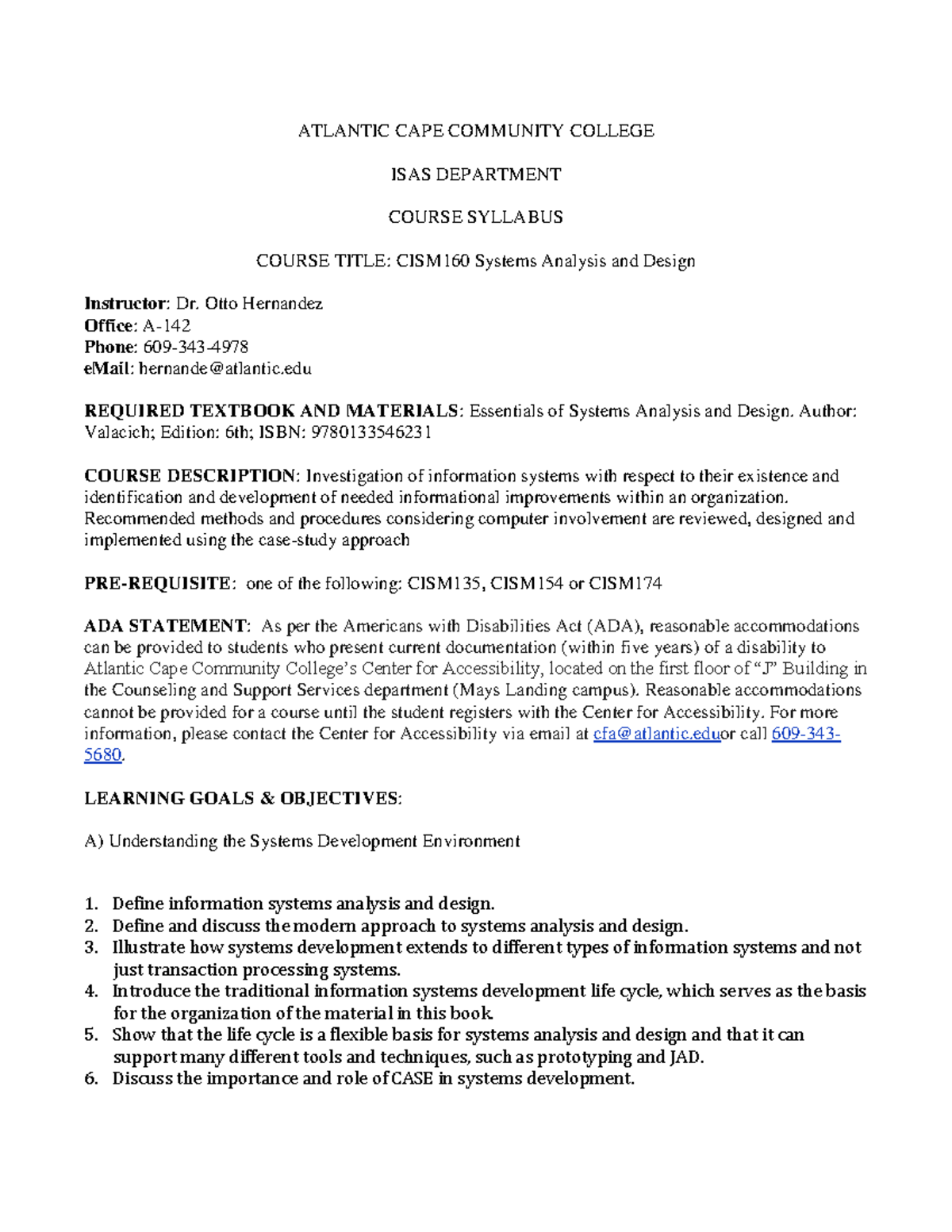 Cism160 Syllabus System Analysis And Design Atlantic Cape Community College Isas Department