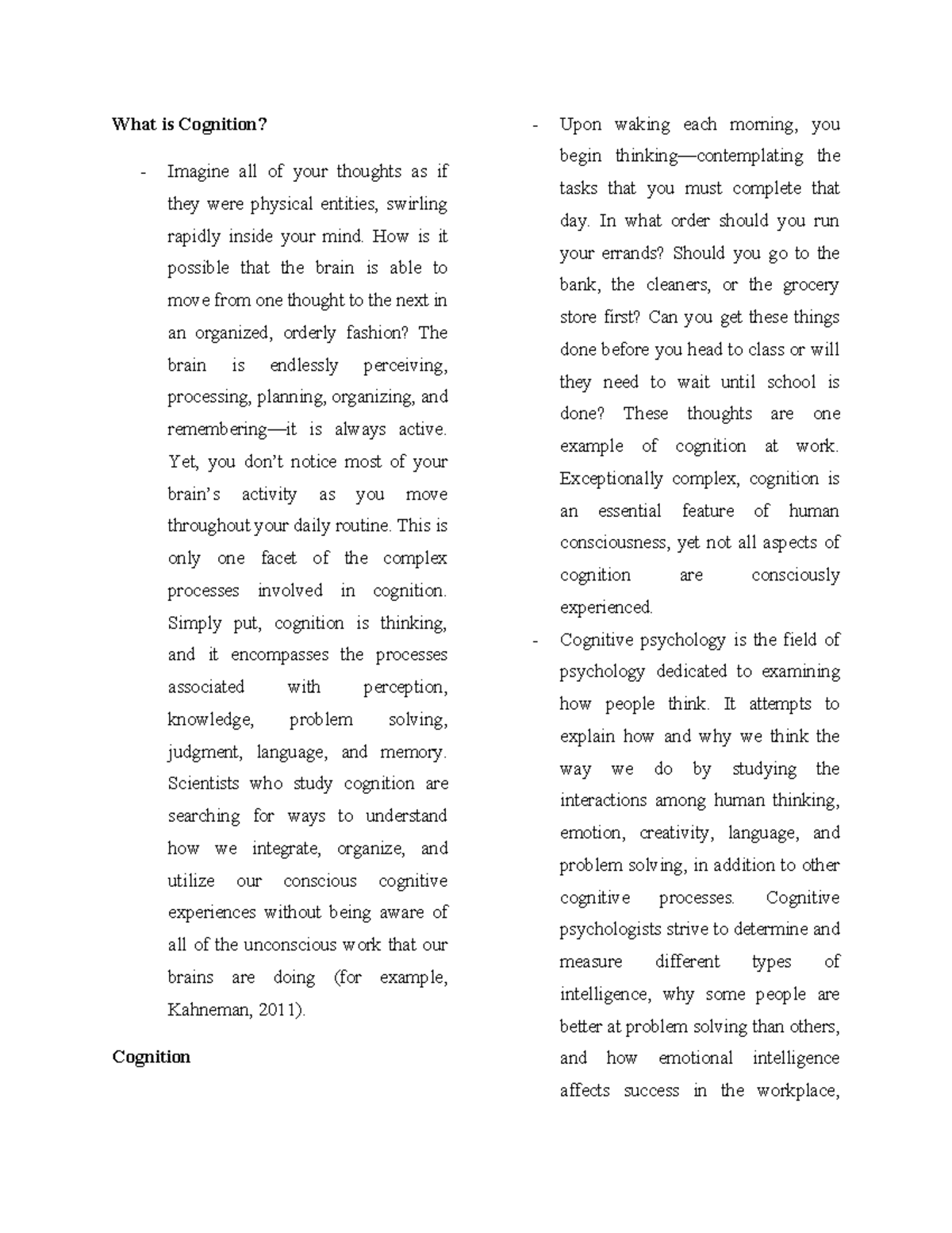 Learning Guide Unit 4 Notes - What is Cognition? - Imagine all of your ...