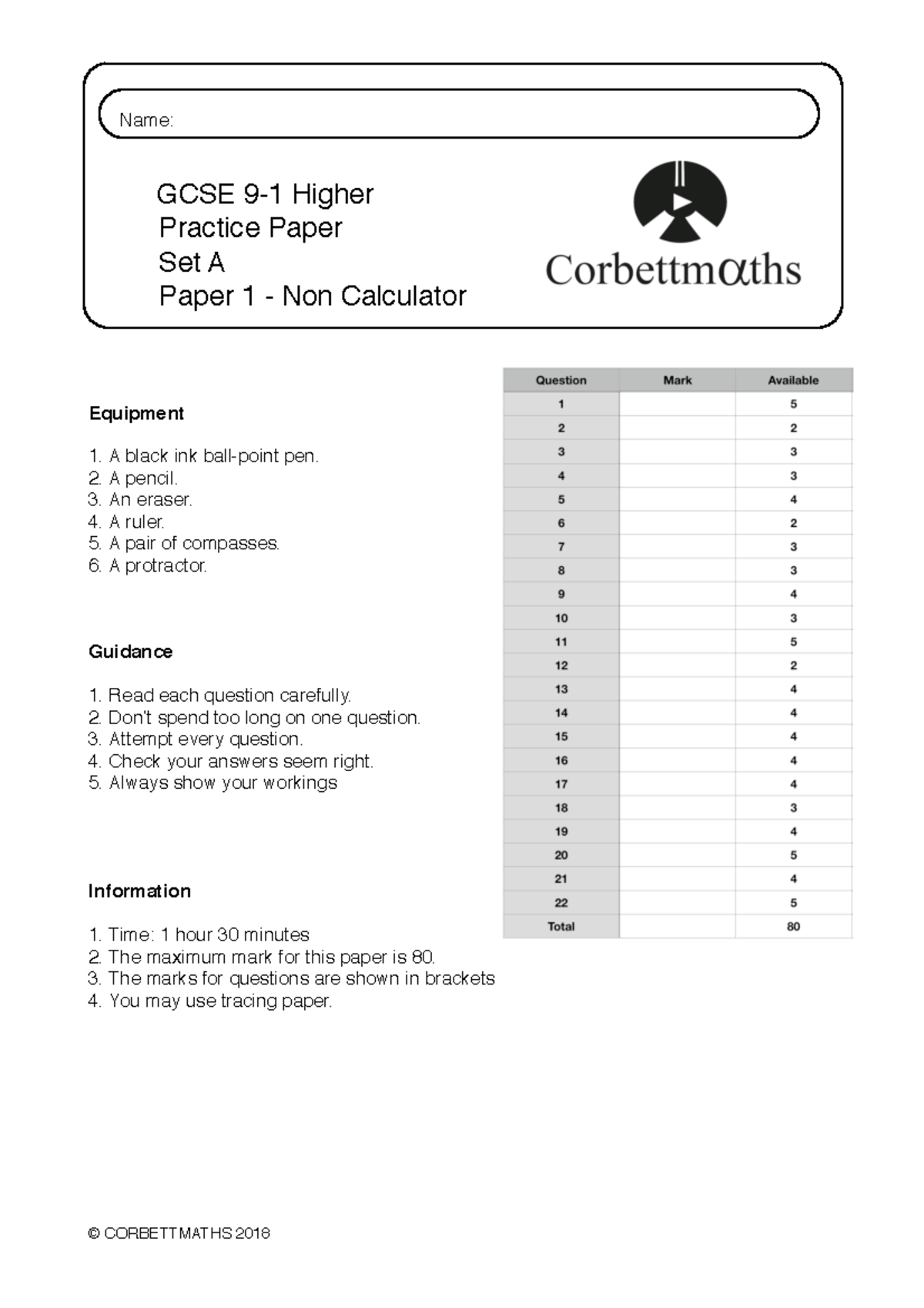 Higher Set A Paper 1 - Practice maths exam - Name: GCSE 9-1 Higher ...