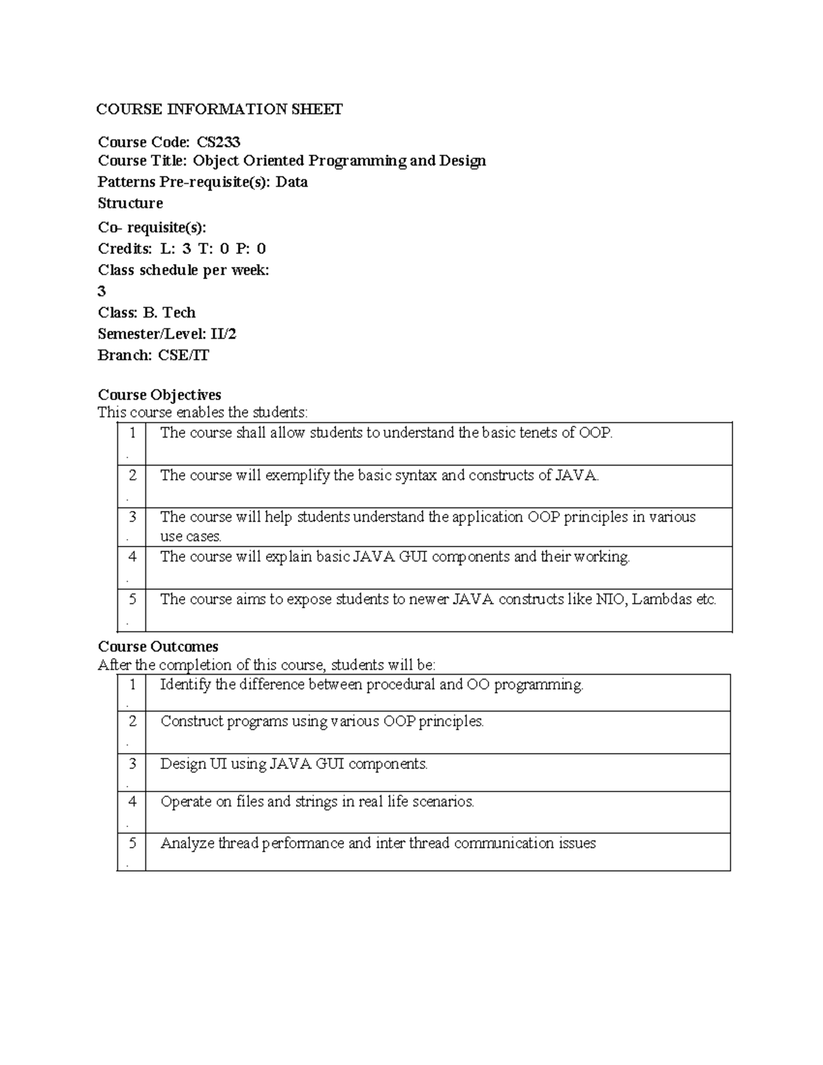 Syallabus Oopdp Course Information Sheet Course Code Cs Course Title Object Oriented