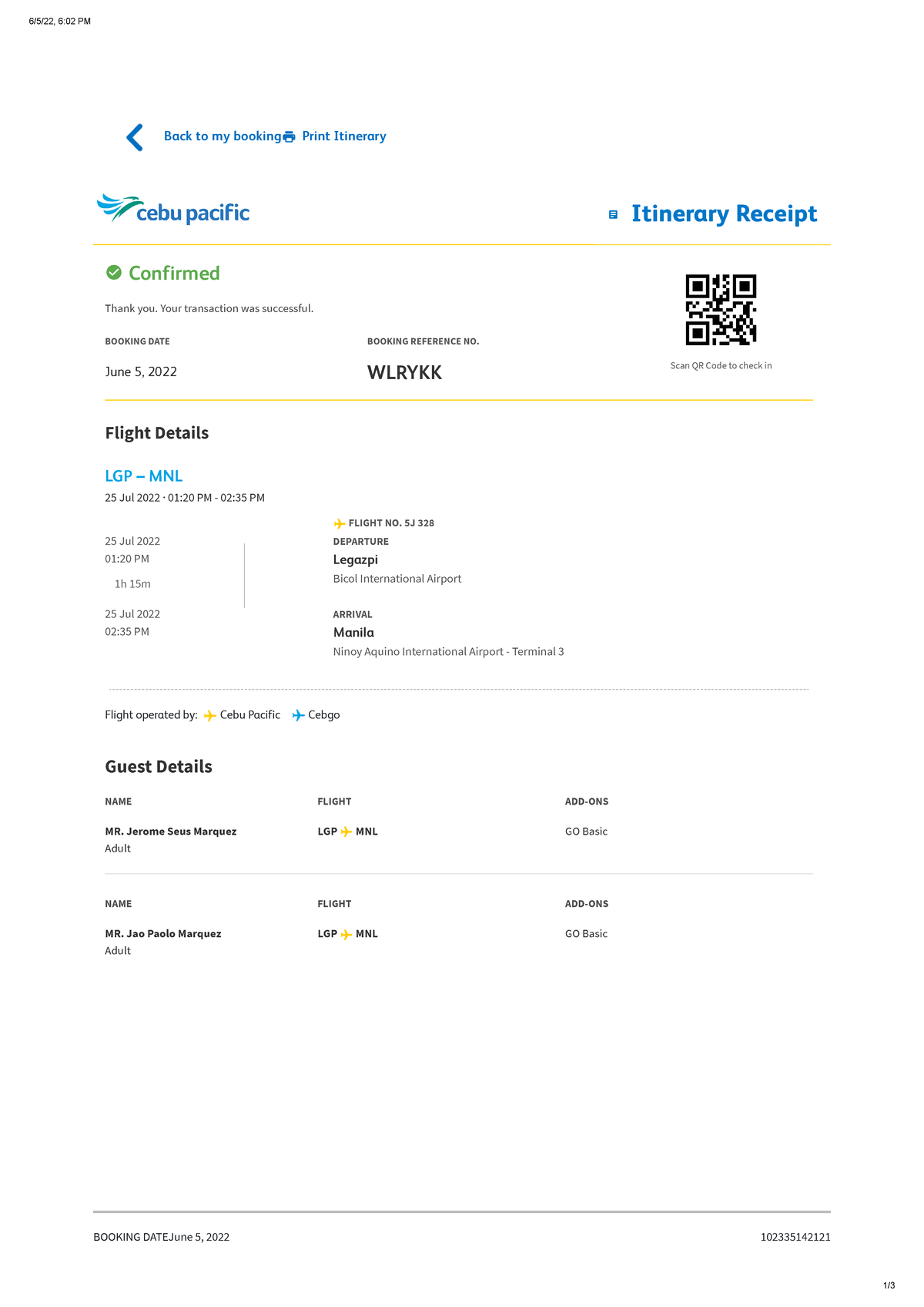 Ceb pac leg- manila July 25 - 6/5/22, 6:02 PM 1/ Back to my booking ...