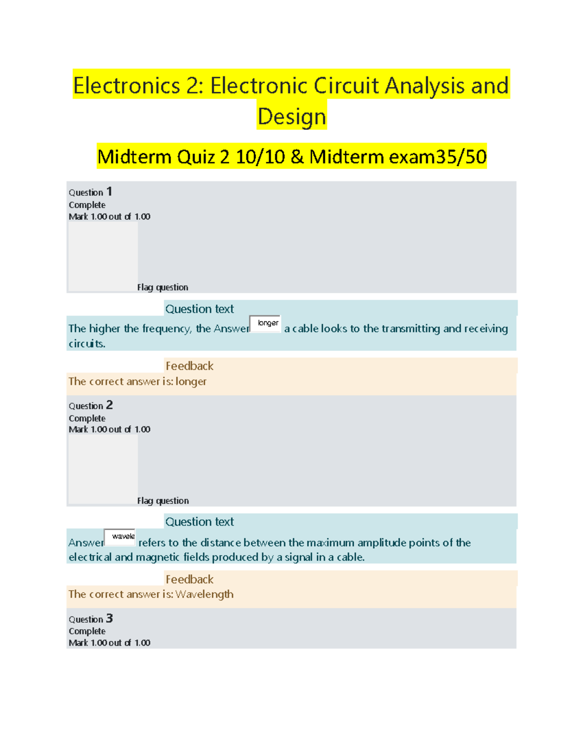 Electronics midterm - Electronics 2: Electronic Circuit Analysis and Design Midterm Quiz 2 10/10 ...