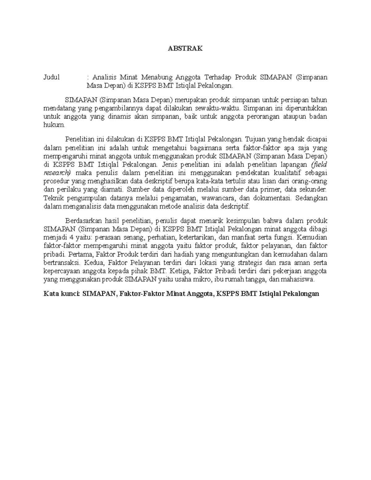Ida2 abstrak - ABSTRAK Judul : Analisis Minat Menabung Anggota Terhadap ...
