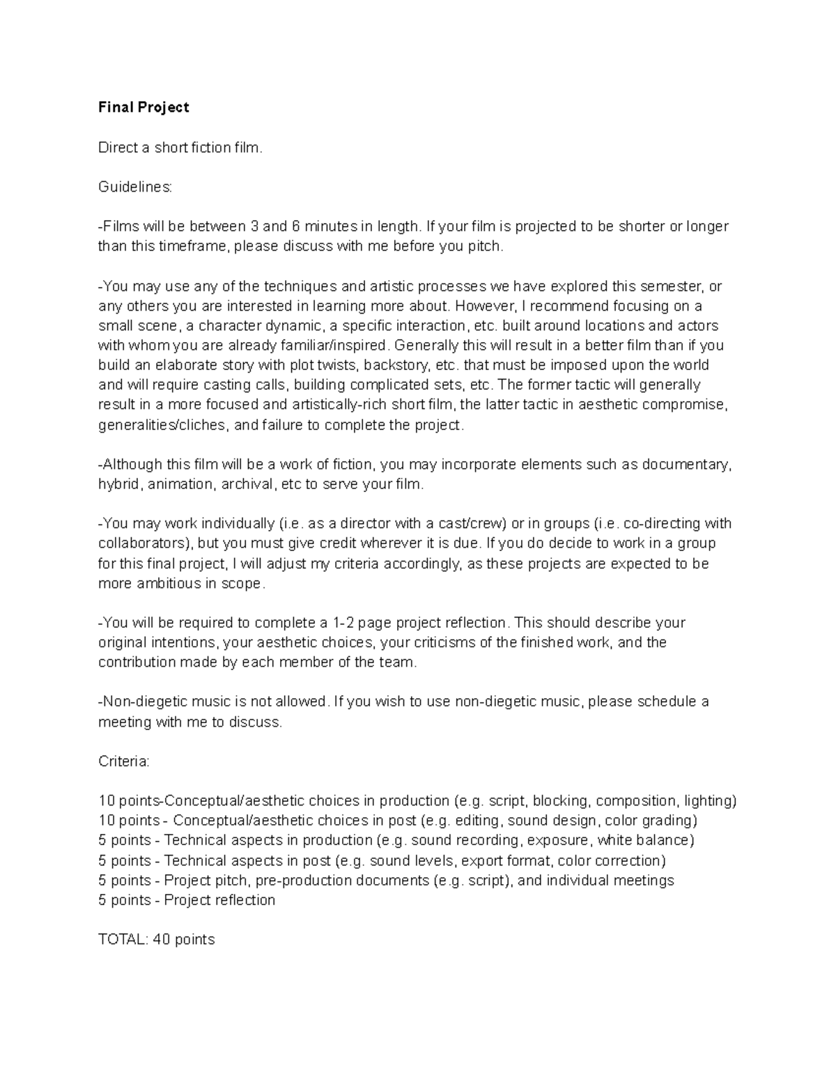 Assignment +Final+Project - Final Project Direct a short fiction film ...