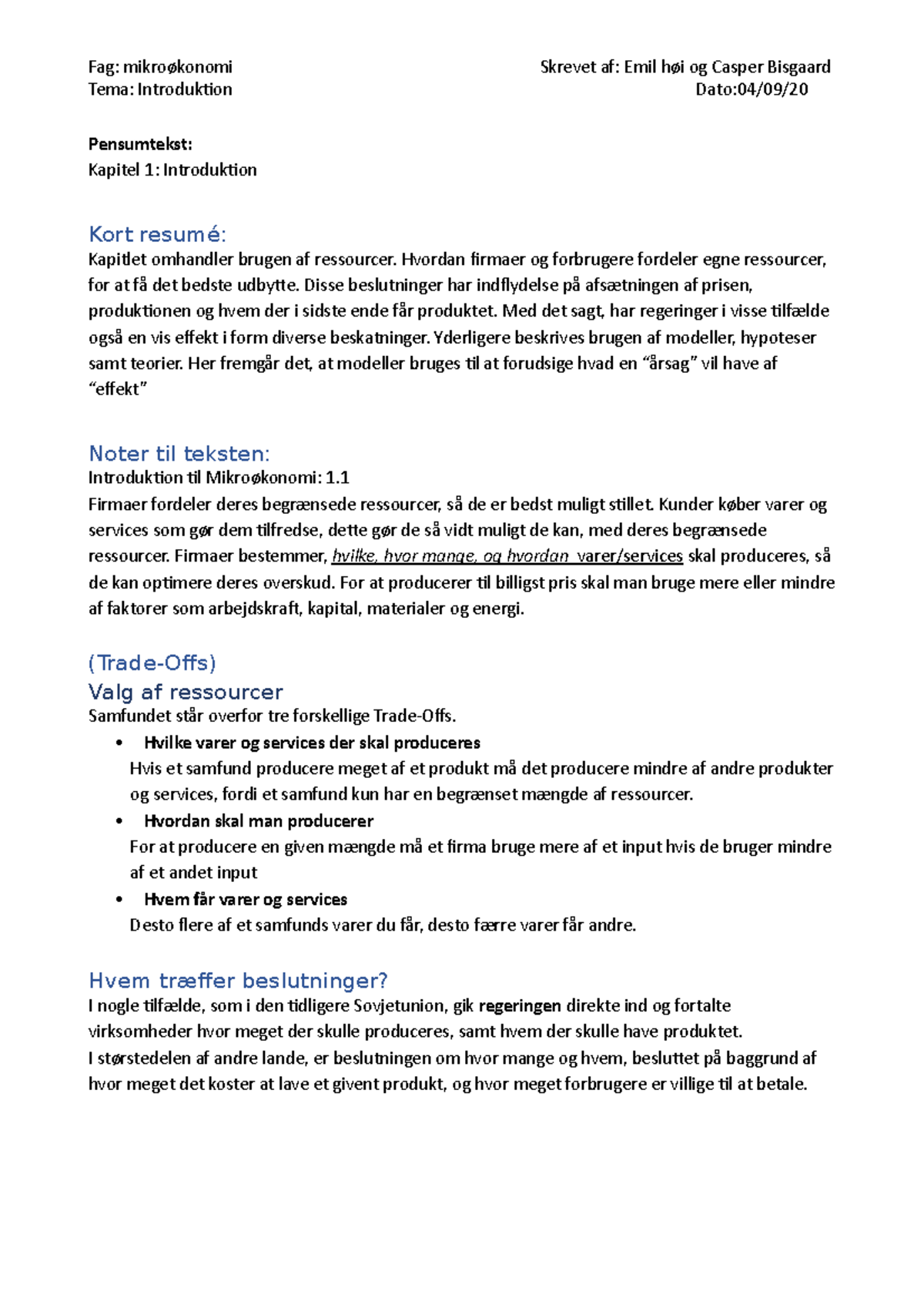 Kapitel 1- Introduktion til mikro - Fag: mikroøkonomi Skrevet af: Emil ...