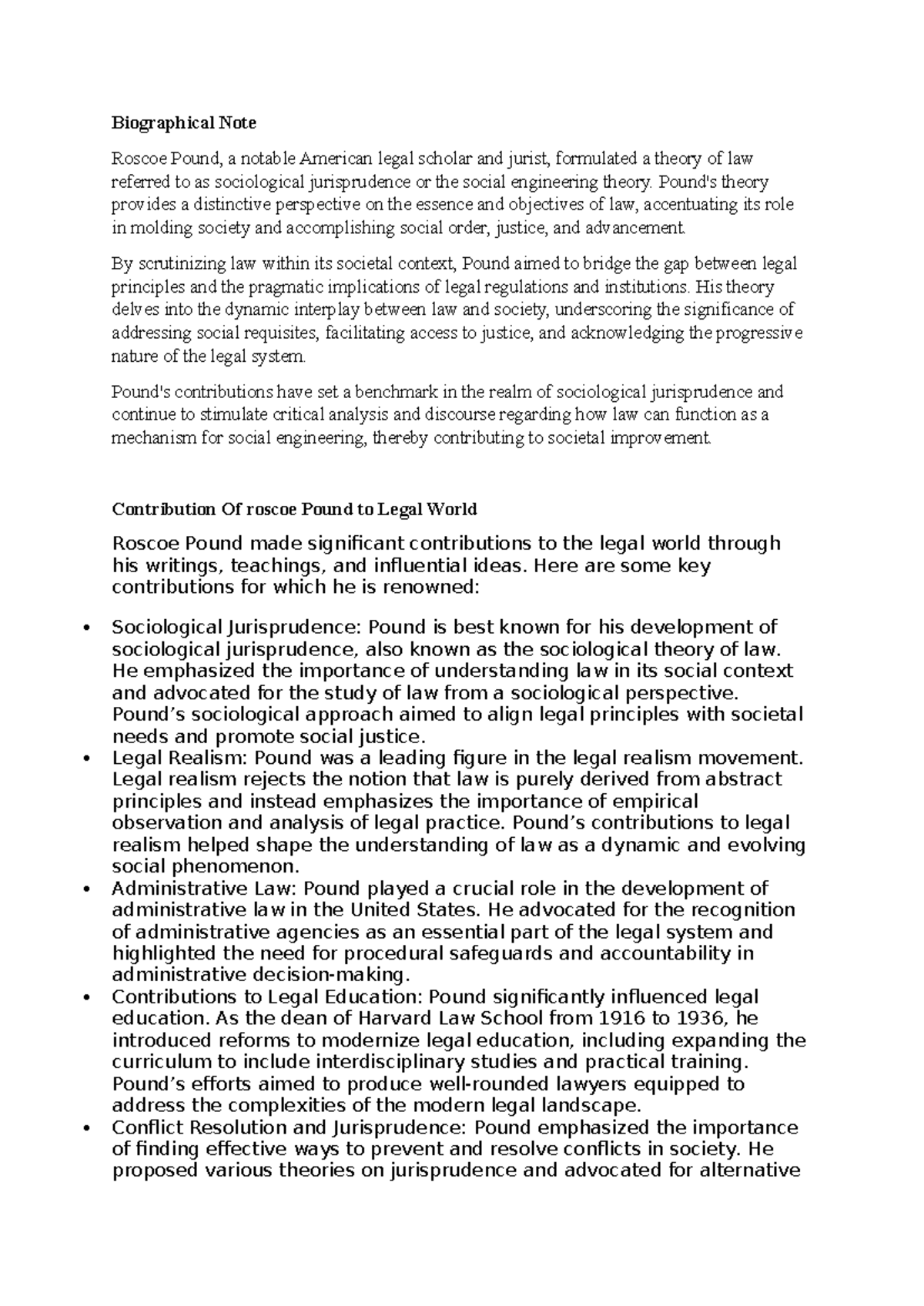 Roscoe Pound short notes - Biographical Note Roscoe Pound, a notable ...