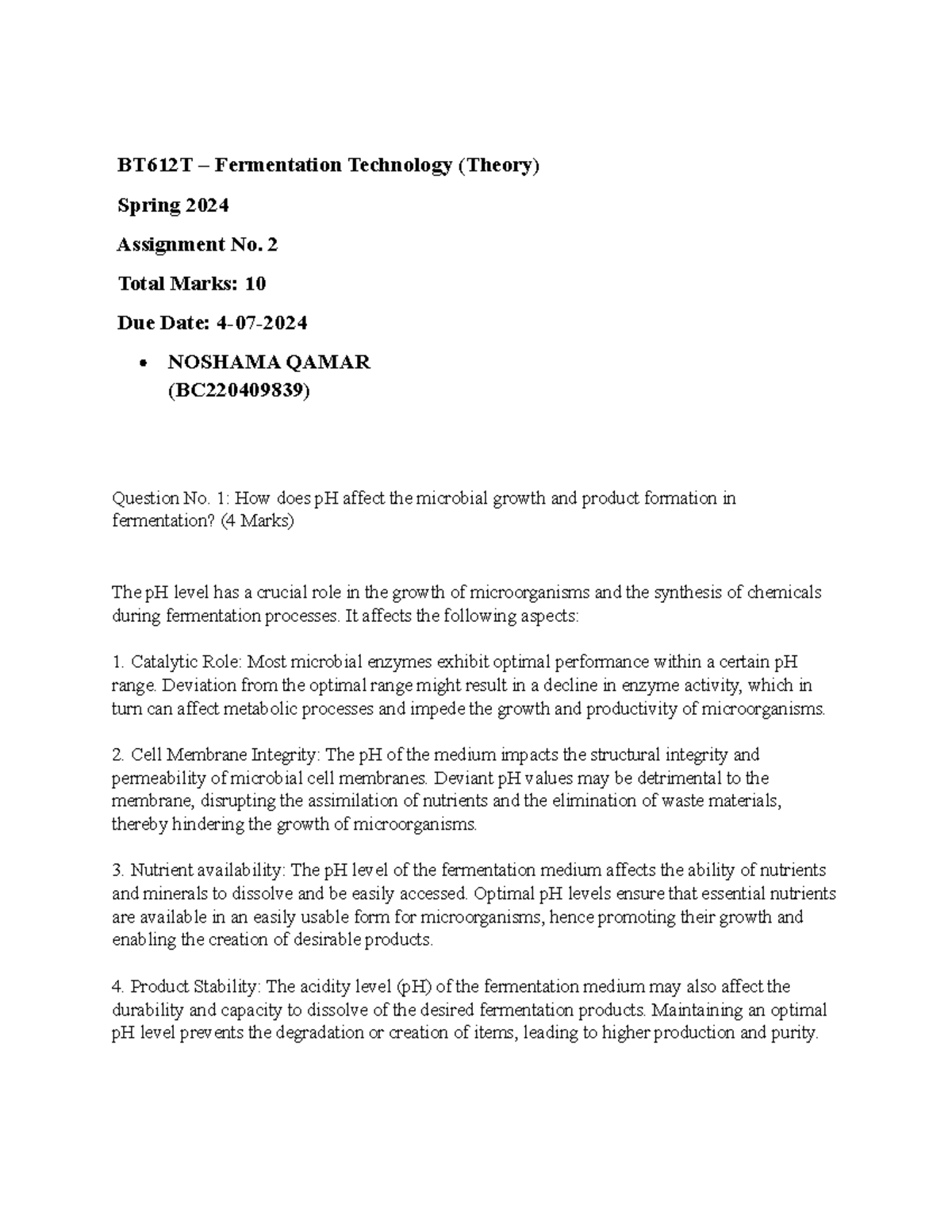 BT612T - aaa - BT612T – Fermentation Technology (Theory) Spring 2024 Assignment No. 2 Total ...