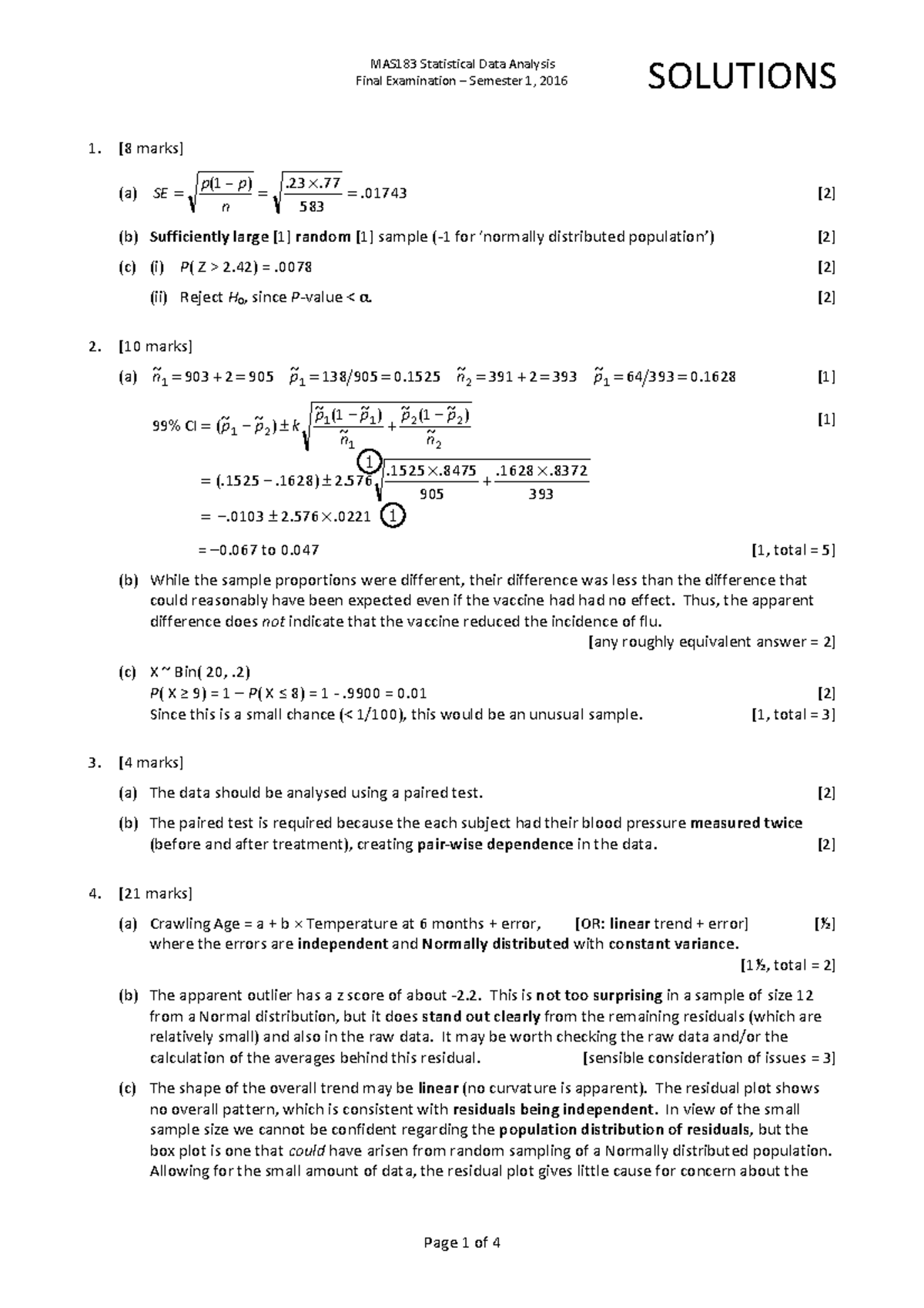 Exam 2016, Sem 1 answers - MAS183 Statistical Data Analysis Final ...
