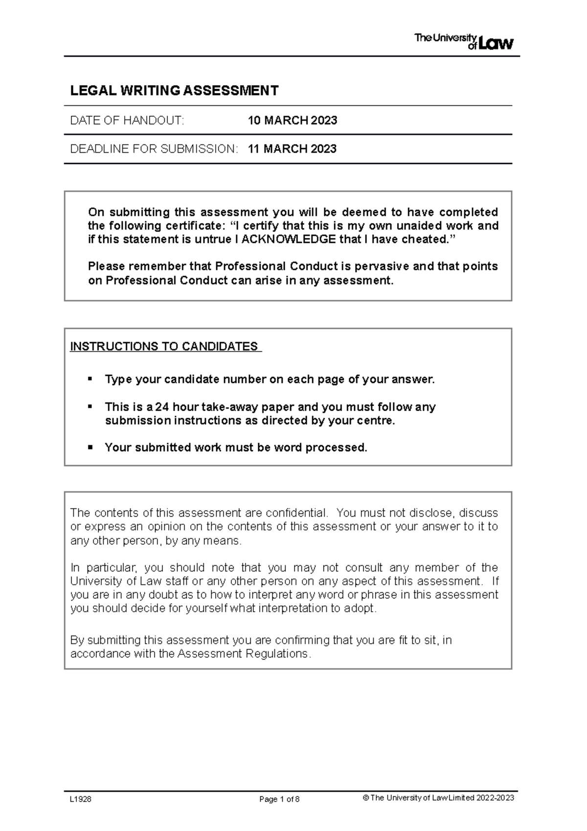 L1928 writ mar23 assessment final - LEGAL WRITING ASSESSMENT DATE OF ...