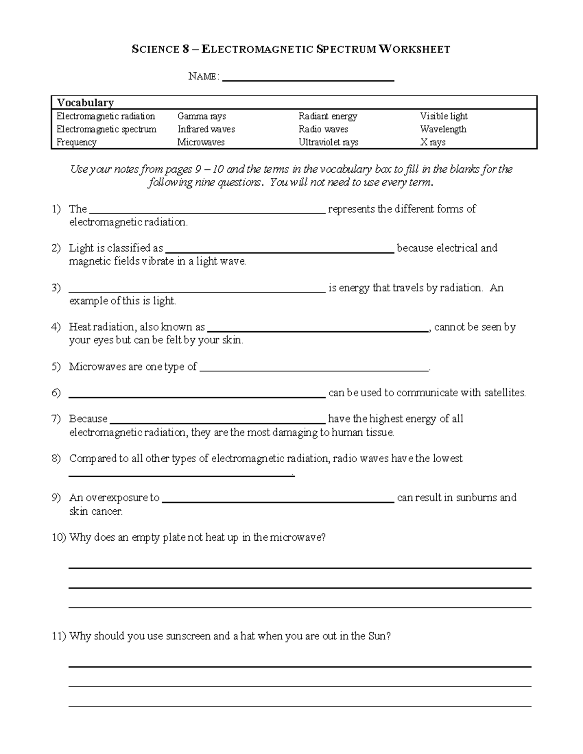 Electromagnetic Spectrum Worksheet - S CIENCE 8 – E LECTROMAGNETIC S ...