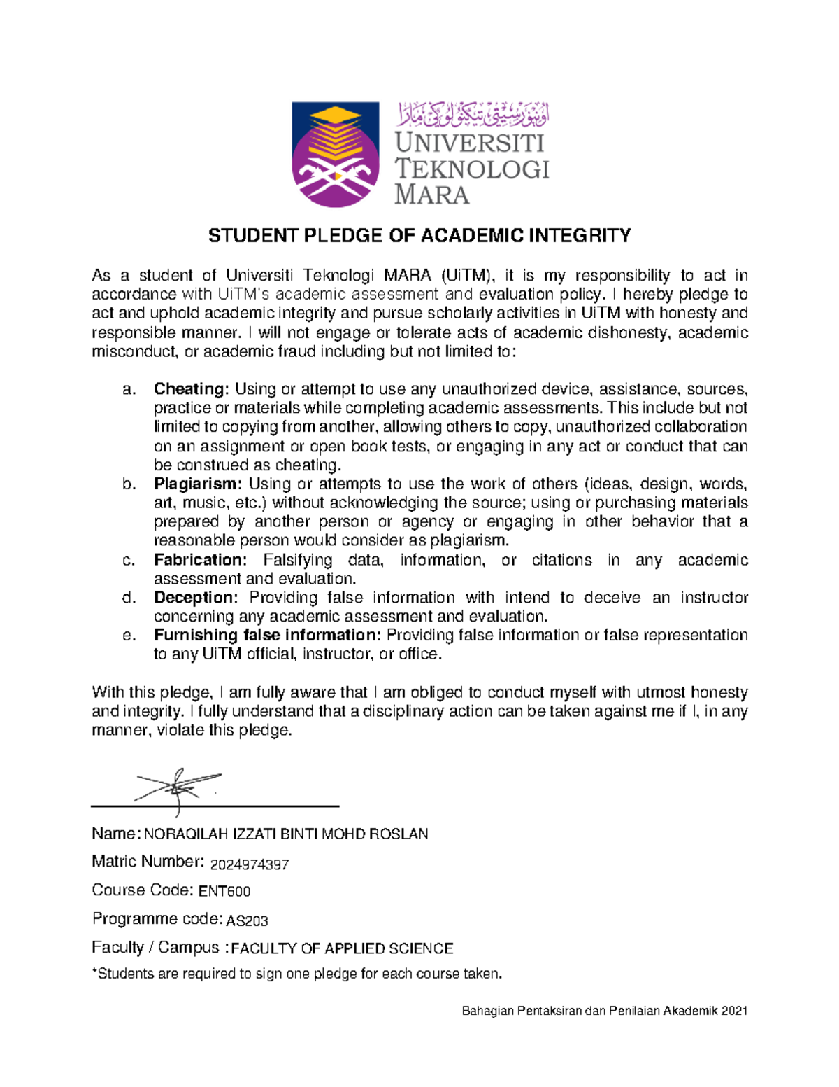 Student Pledge OF Academic Integrity 240426 135035 - STUDENT PLEDGE OF ...