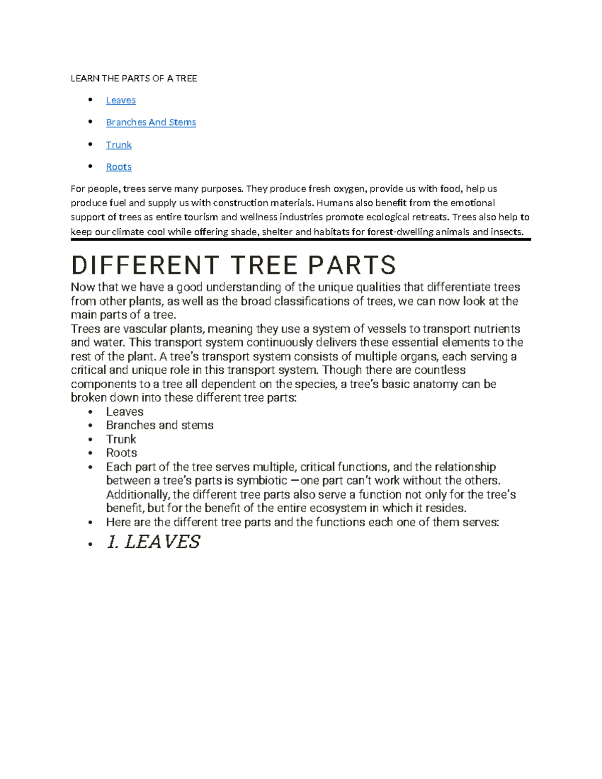 Learn THE Parts OF A TREE - LEARN THE PARTS OF A TREE Leaves Branches ...