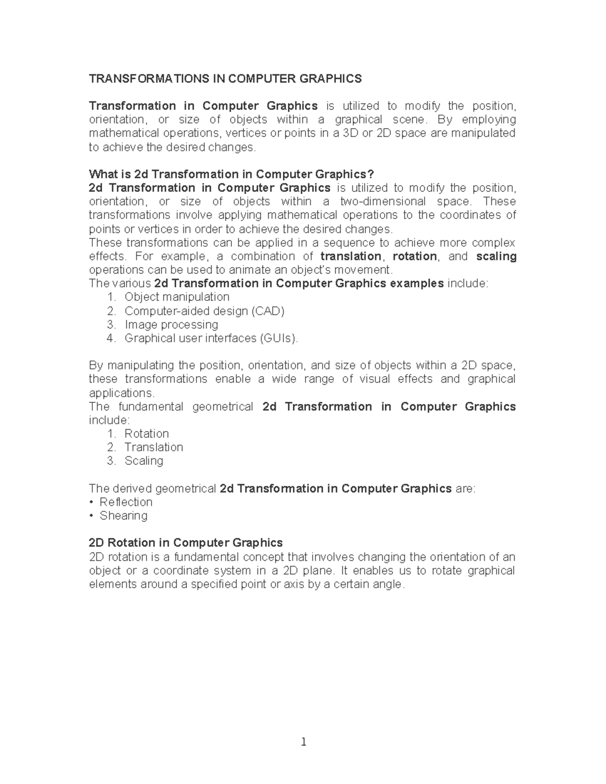 6.1 Transformation in Computer Graphics - TRANSFORMATIONS IN COMPUTER GRAPHICS Transformation in ...
