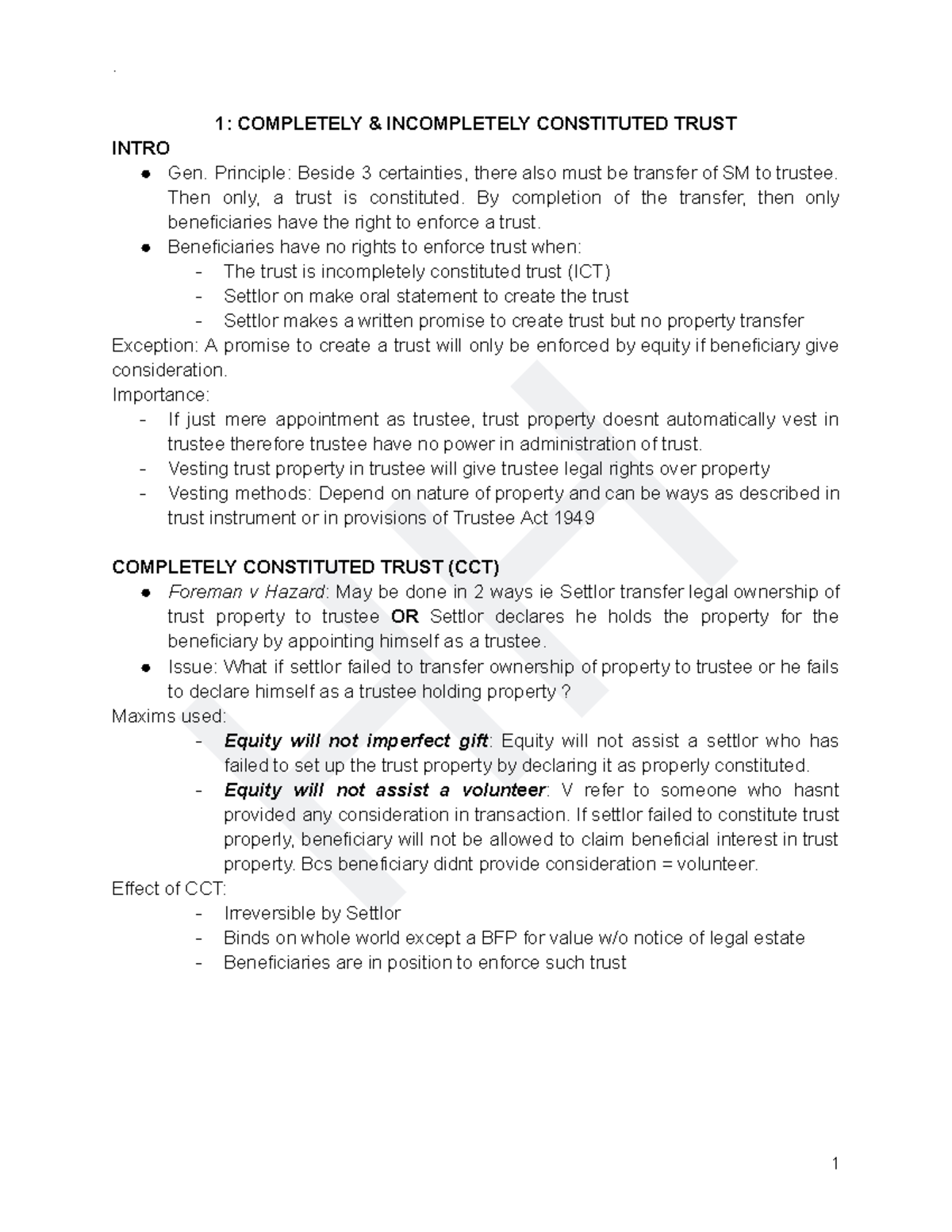 CCT & ICT, CONSTRUCTIVE TRUST, RESULTING TRUST - HH 1: COMPLETELY & INCOMPLETELY CONSTITUTED ...