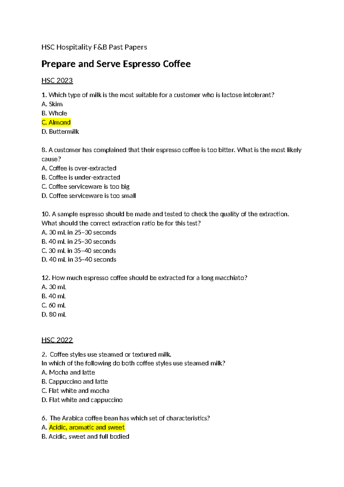 HSC Past Q's Hospitality Espresso Coffee - HSC Hospitality F&B Past ...