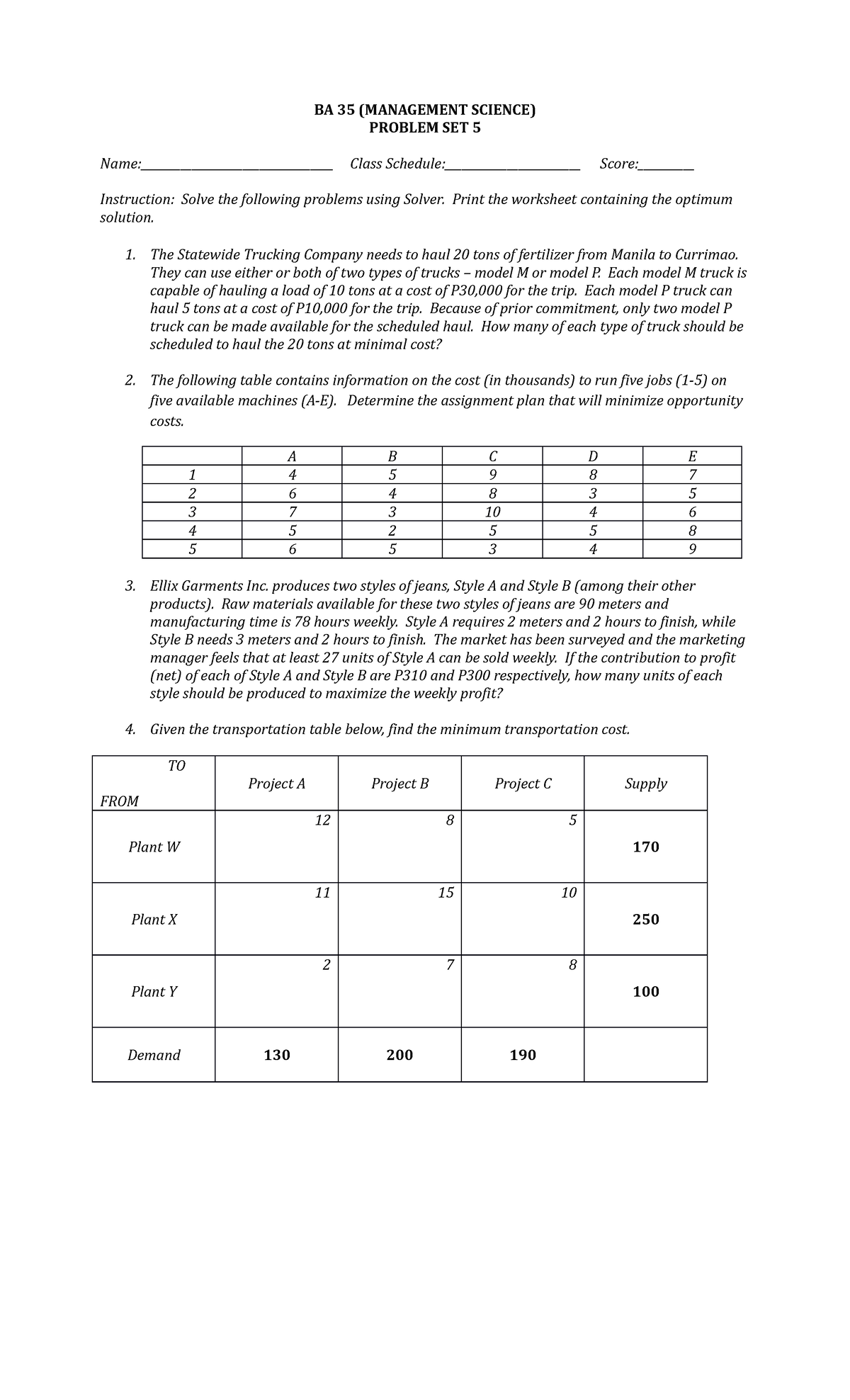 BA35 Practice Sheet - BA 35 (MANAGEMENT SCIENCE) PROBLEM SET 5 - Studocu