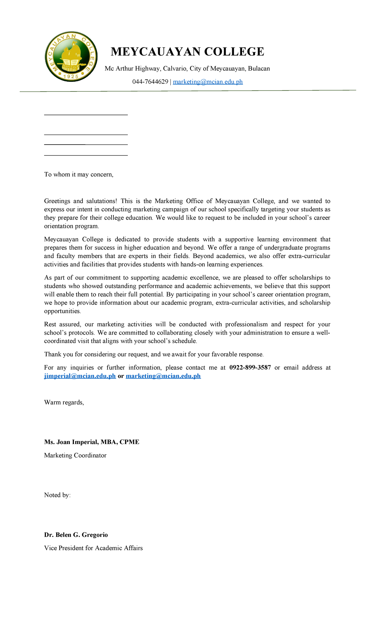 Meycauayan College Letter FOR School Campaign - MEYCAUAYAN COLLEGE Mc ...