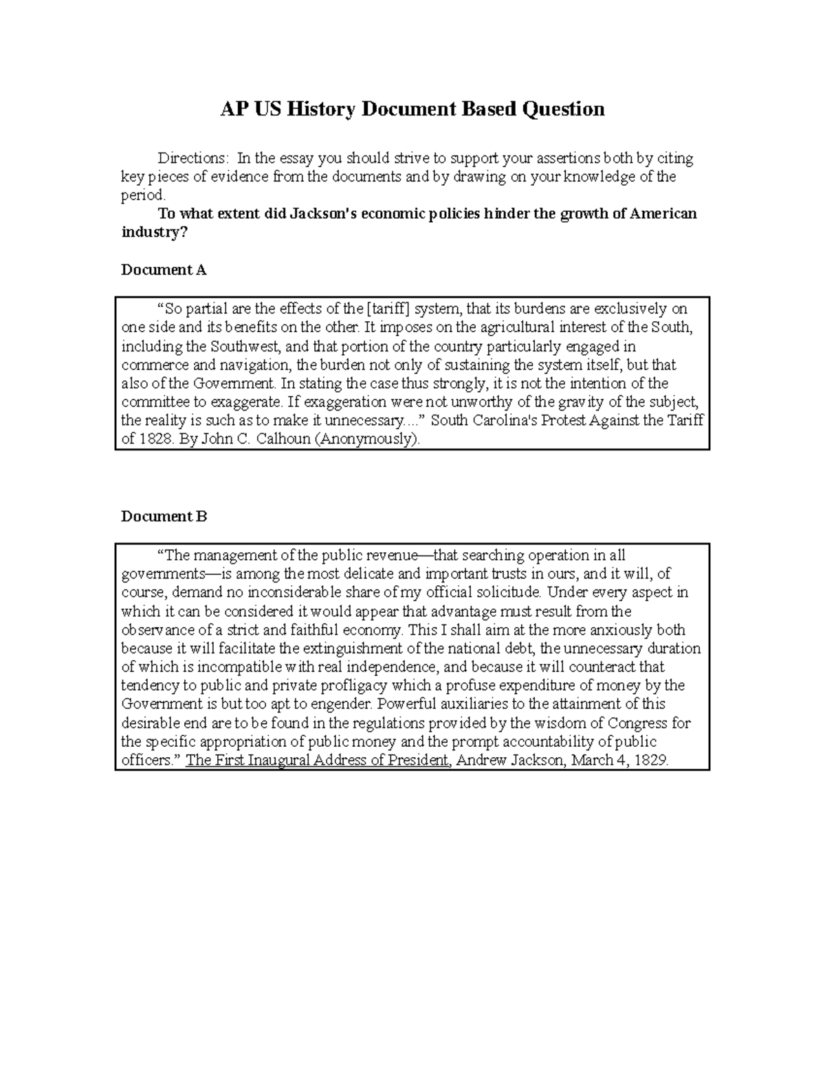 Jackson Economic Policy - DBQ - AP US History Document Based Question ...