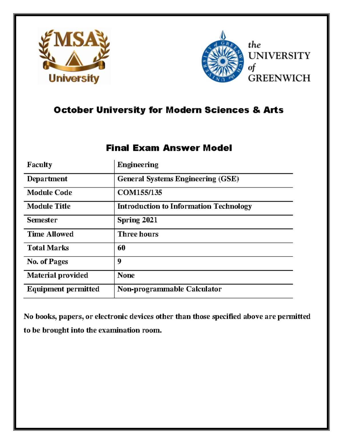 IT - Final Exam - Spring 2021 - October University for Modern Sciences ...