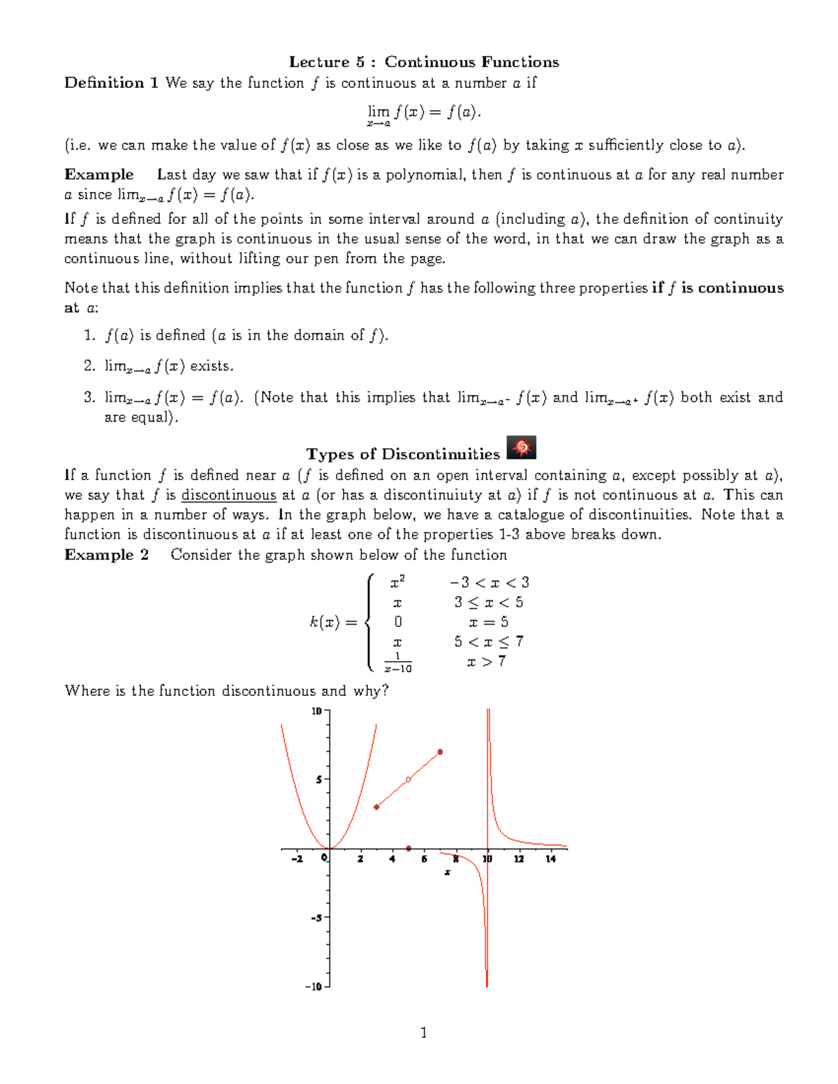 Continuous Functions Lecture Notes 5 Lecture 5 Continuous 9282