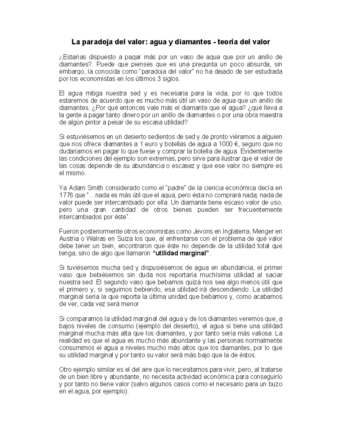 Unidad 3 - paradoja del valor - La paradoja del valor: agua y diamantes ...