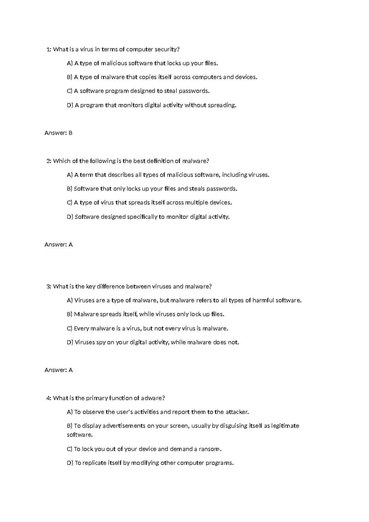 MCQ Malware - mcqs - 1: What is a virus in terms of computer security? A) A type of malicious ...