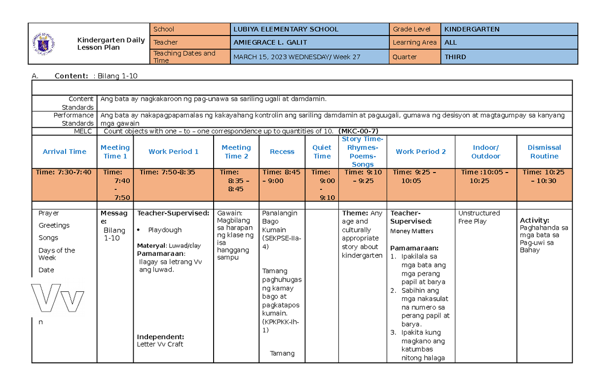 Kinder-New-DLL-week27 day3 - Kindergarten Daily Lesson Plan School ...