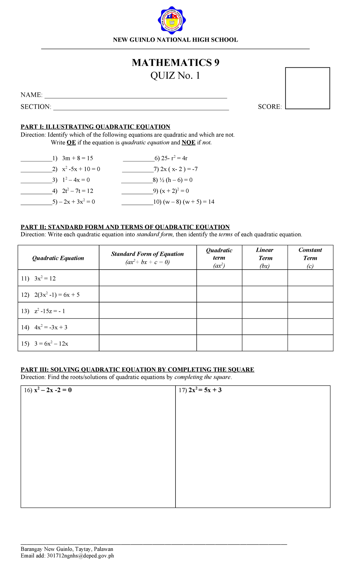 Mathematics 9 (QUIZ 1) - quiz - NEW GUINLO NATIONAL HIGH SCHOOL - Studocu