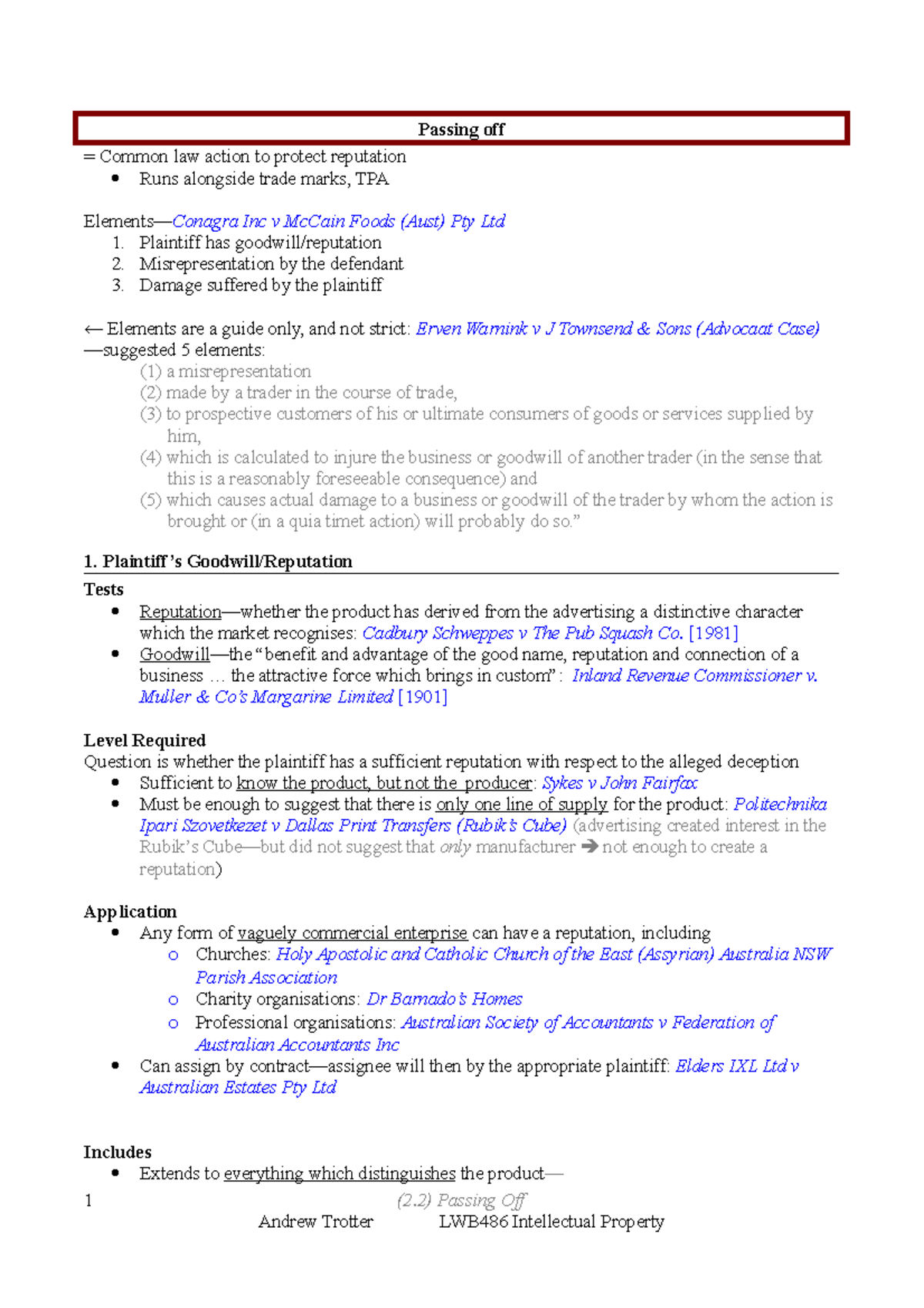 2A Passing Off - Passing off = Common law action to protect reputation ...