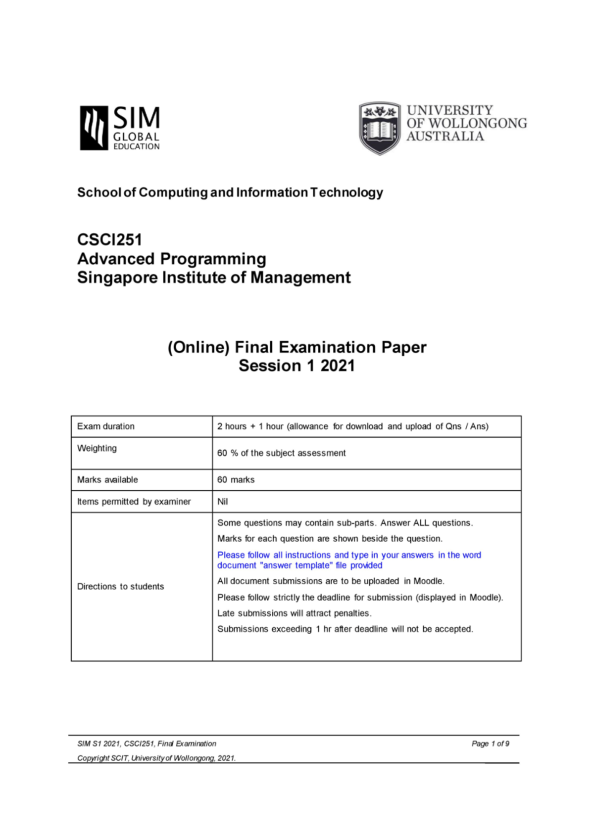 CSCI251 Final Exam Mar2021 - SIM UNIVERSITY OF WOLLONGONG GLOBAL AUSTRALIA EDUCATION School of ...