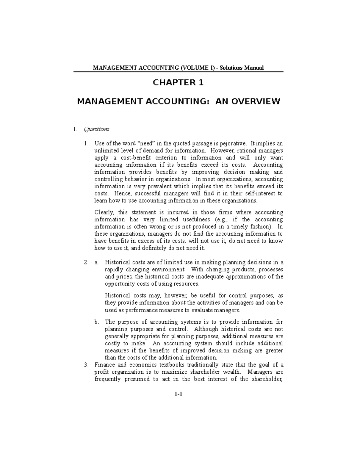 Management Accounting Answer key - MANAGEMENT ACCOUNTING (VOLUME I ...