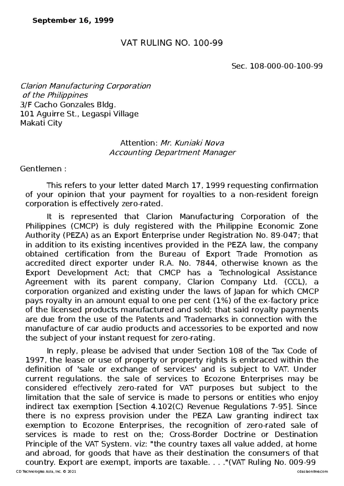 22142-1999-VAT Ruling - September 16, 1999 VAT RULING NO. 100- Sec. 108 ...