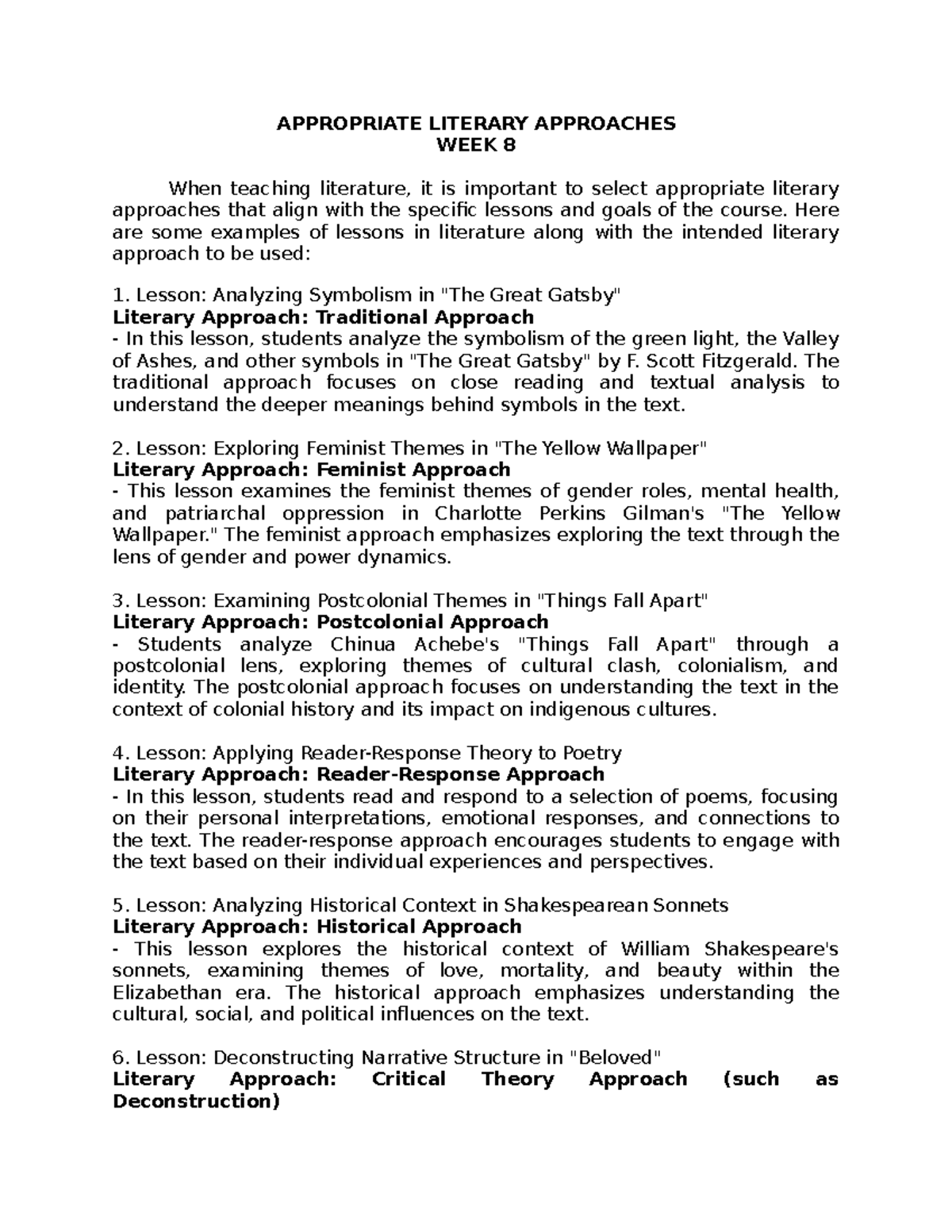 Appropriate Literary Approaches wk8 - APPROPRIATE LITERARY APPROACHES ...