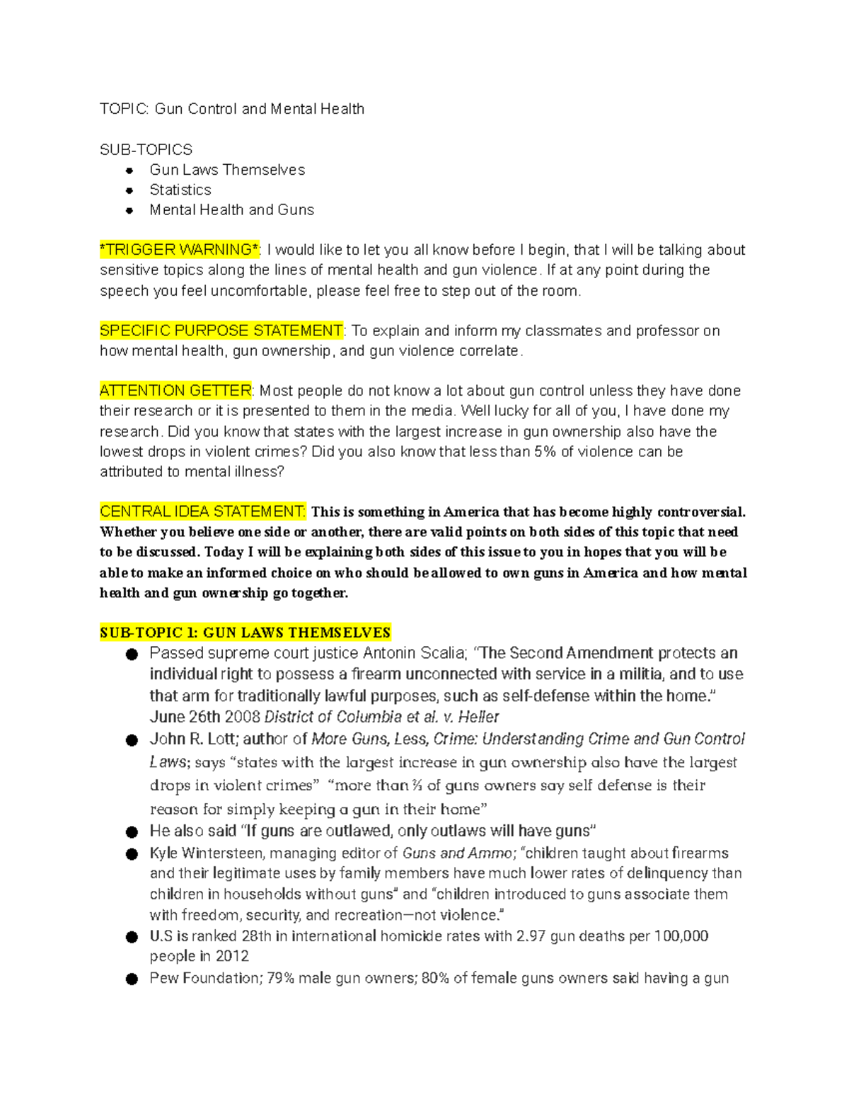 Civil discourse outline - TOPIC: Gun Control and Mental Health SUB ...