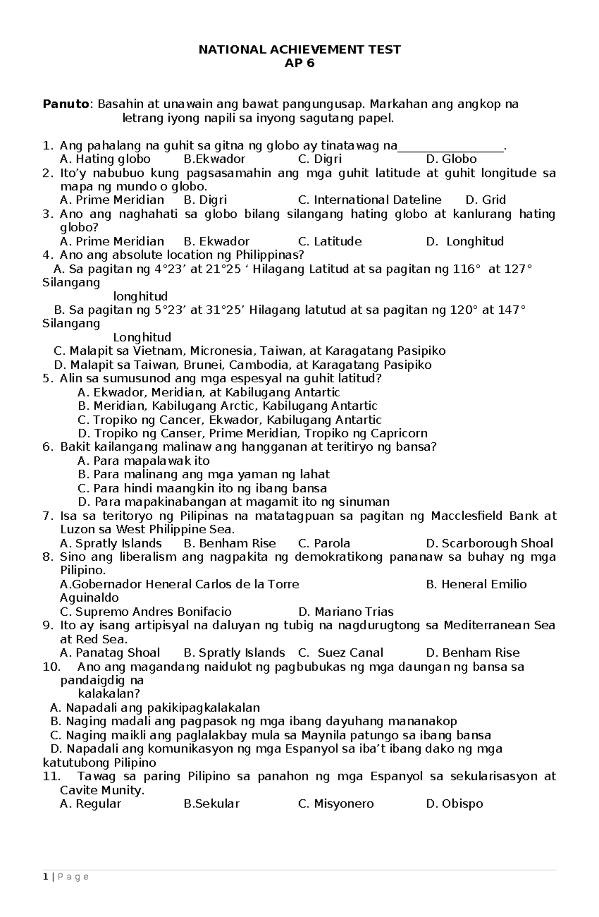 NAT6 AP - NATIONAL ACHIEVEMENT TEST AP 6 Panuto: Basahin at unawain ang ...