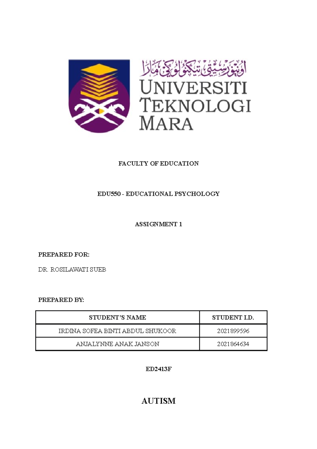 EDU550 Assignment 1 - FACULTY OF EDUCATION EDU550 - EDUCATIONAL ...