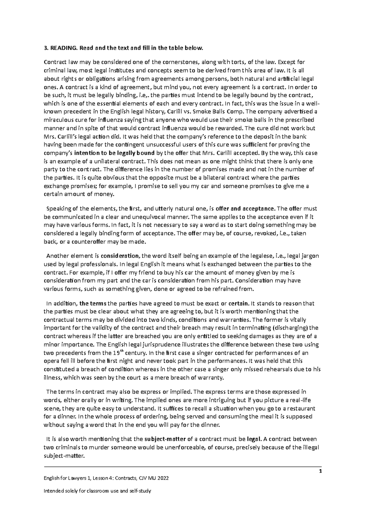 Lesson 04 Contracts - READING. Read and the text and fill in the table ...