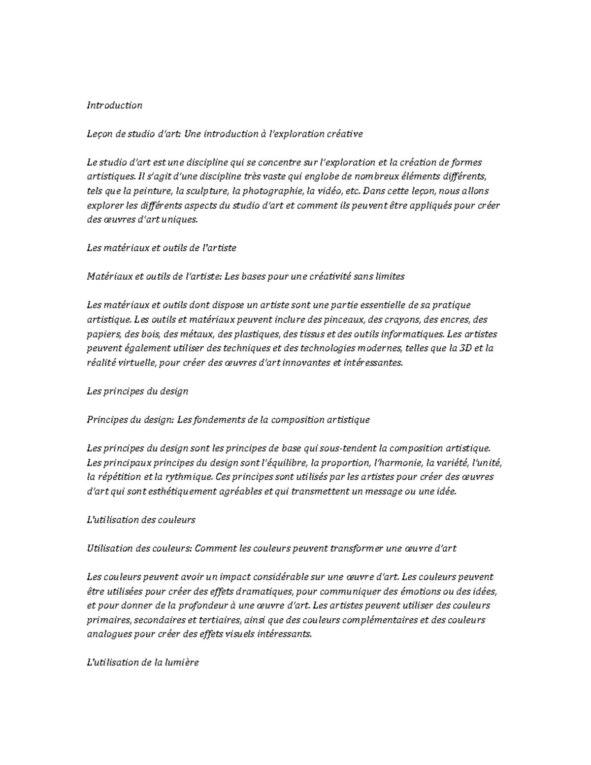 Studio Art Study Notes - Introduction Leçon de studio d’art: Une ...
