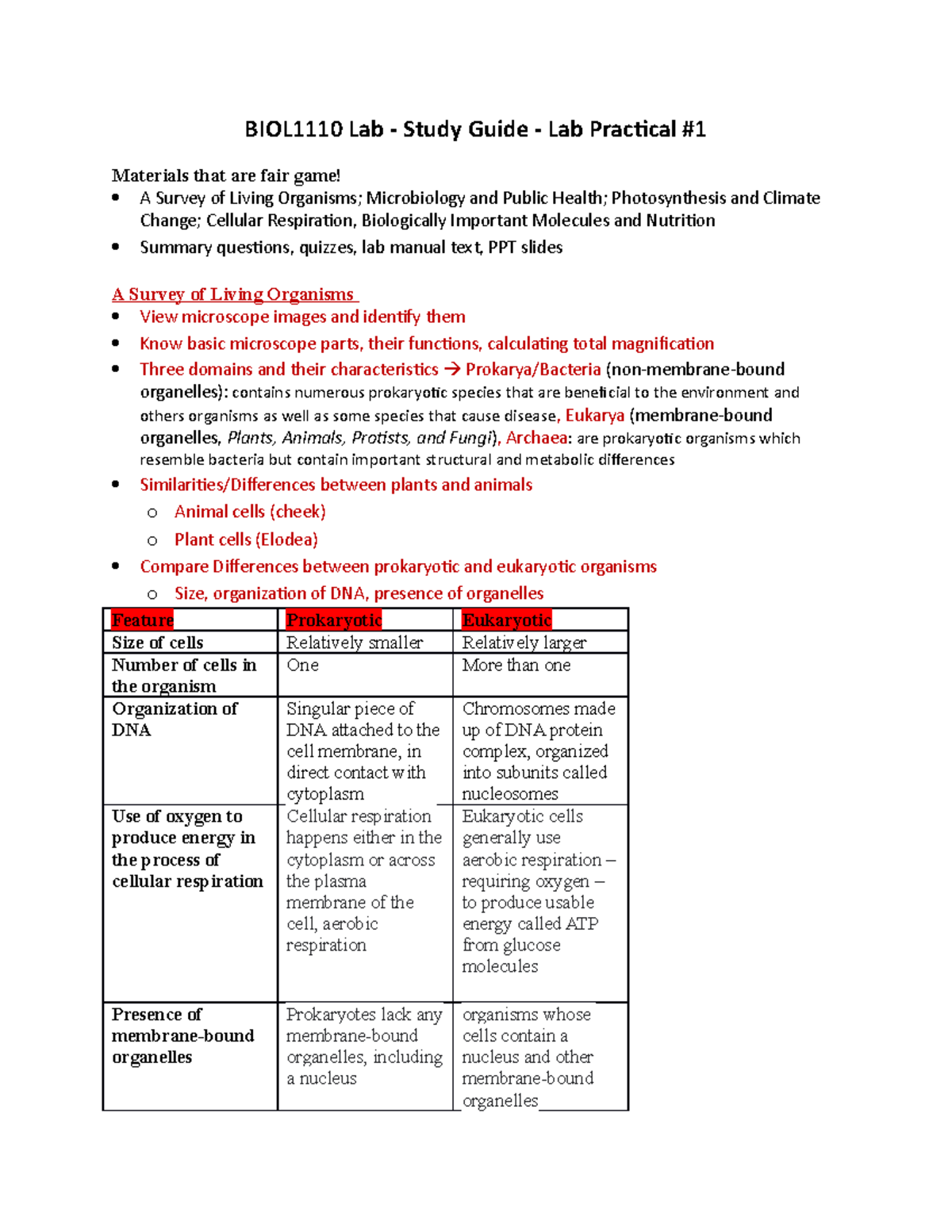 BIOL1110 practical 1 study guide - BIOL1110 Lab - Study Guide - Lab ...