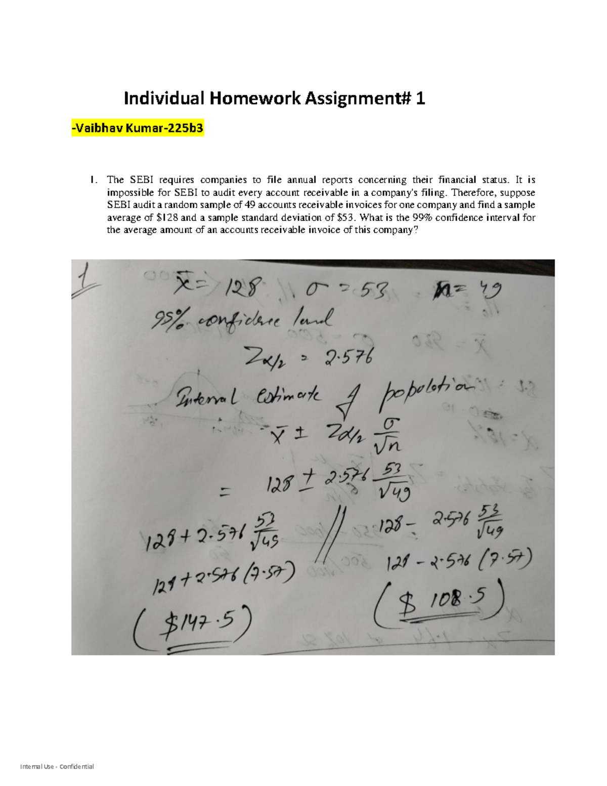 Assignment Vaibhav 225b3 Individual Homework Assignment 1 Vaibhav Kumar 225b The Sebi
