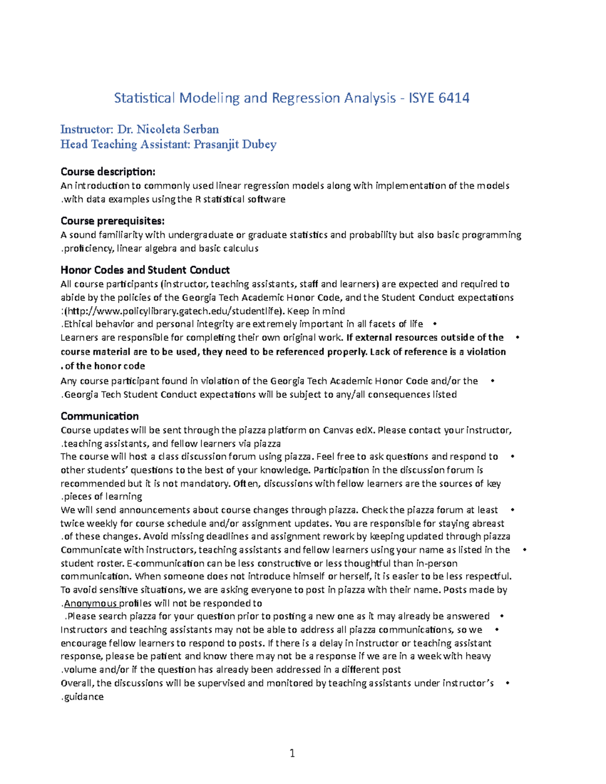 ISy E 6414 Syllabus Summer 2023 - Statistical Modeling and Regression Analysis - ISYE 6414 - Studocu