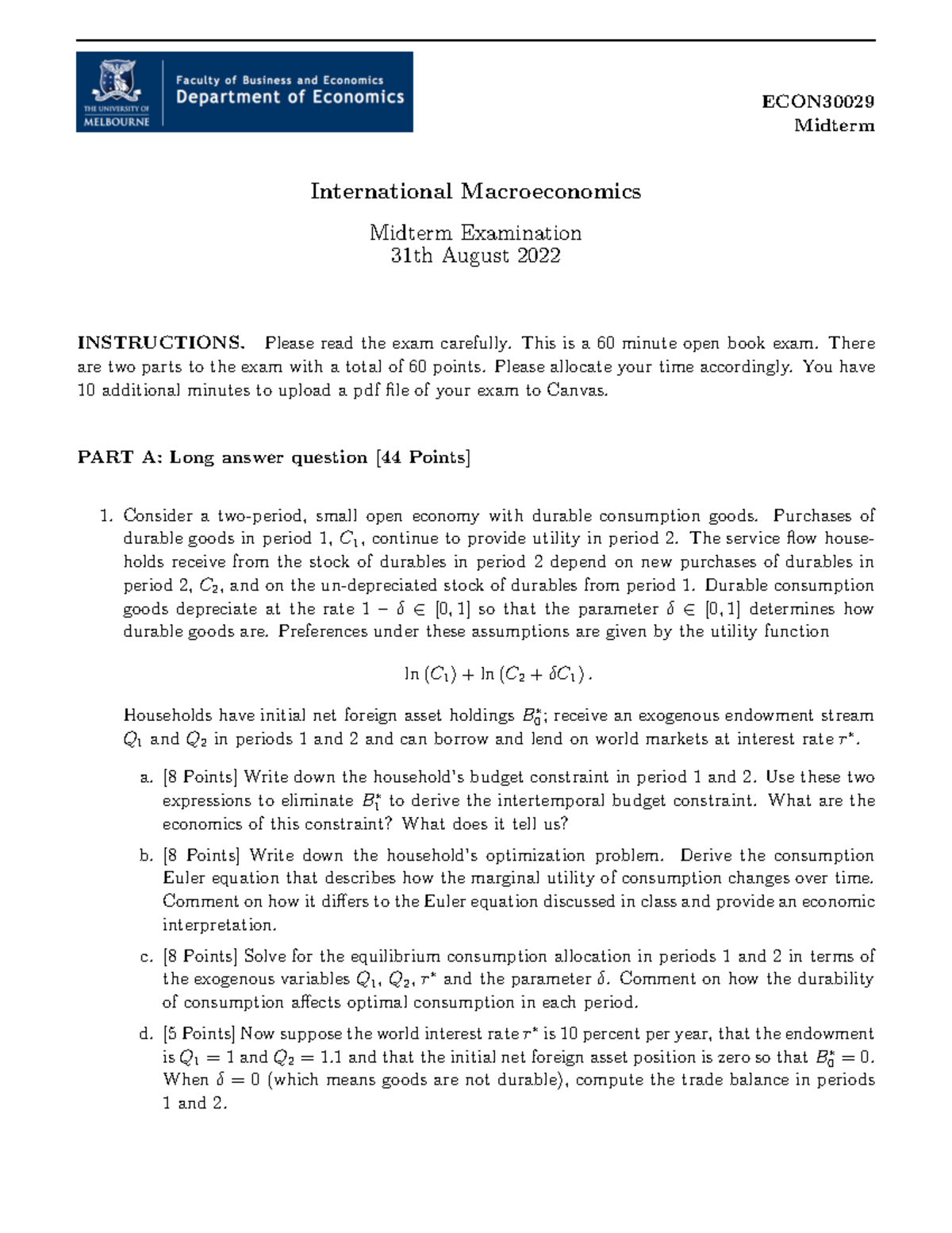 Midterm Examination Questions - ECON Midterm International ...